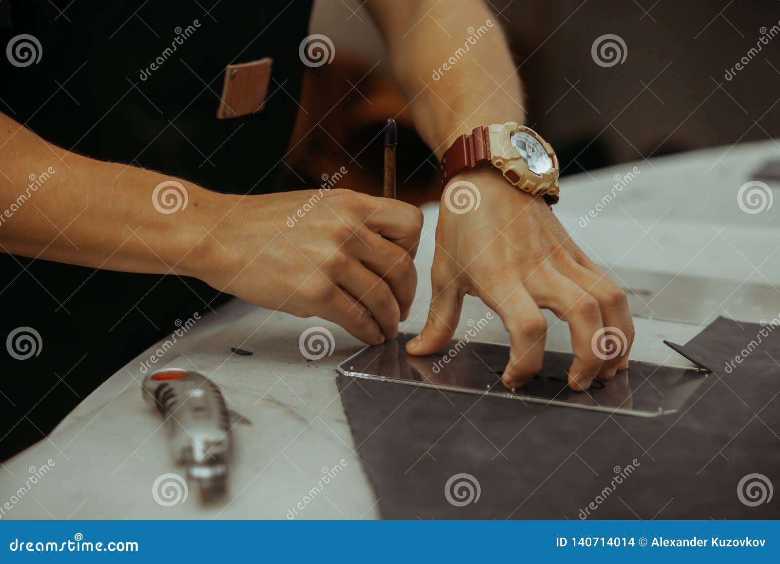 Man Holding Crafting Tool and Working. Close Up of a Master Working ...