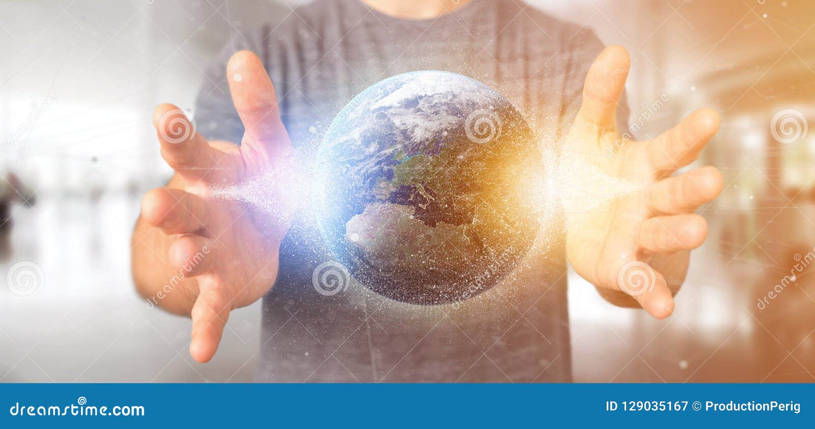 Man Holding a 3d Rendering Particles Earth Globe Stock Image - Image of ...
