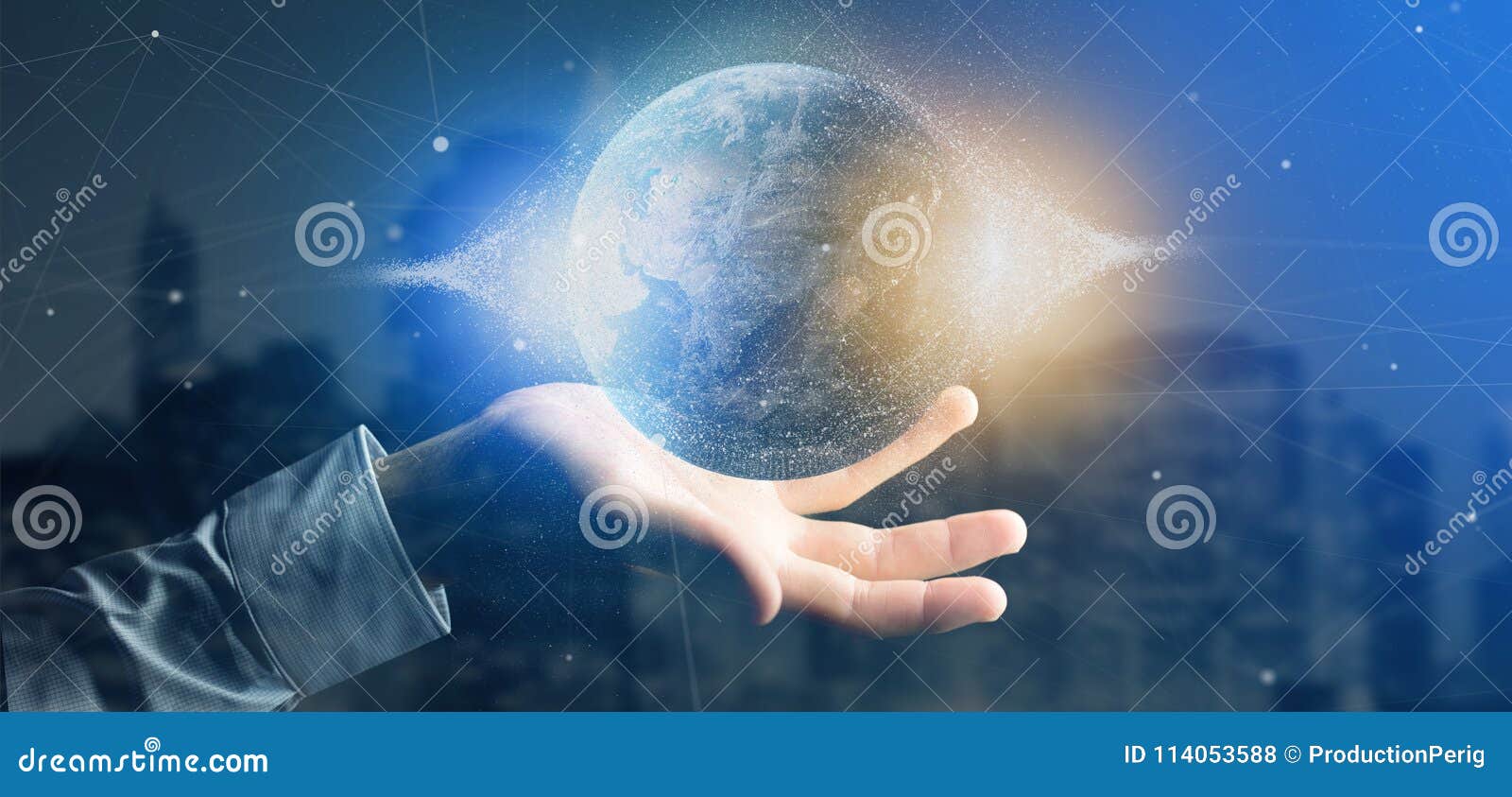 Man Holding a 3d Rendering Particles Earth Globe Stock Photo - Image of ...