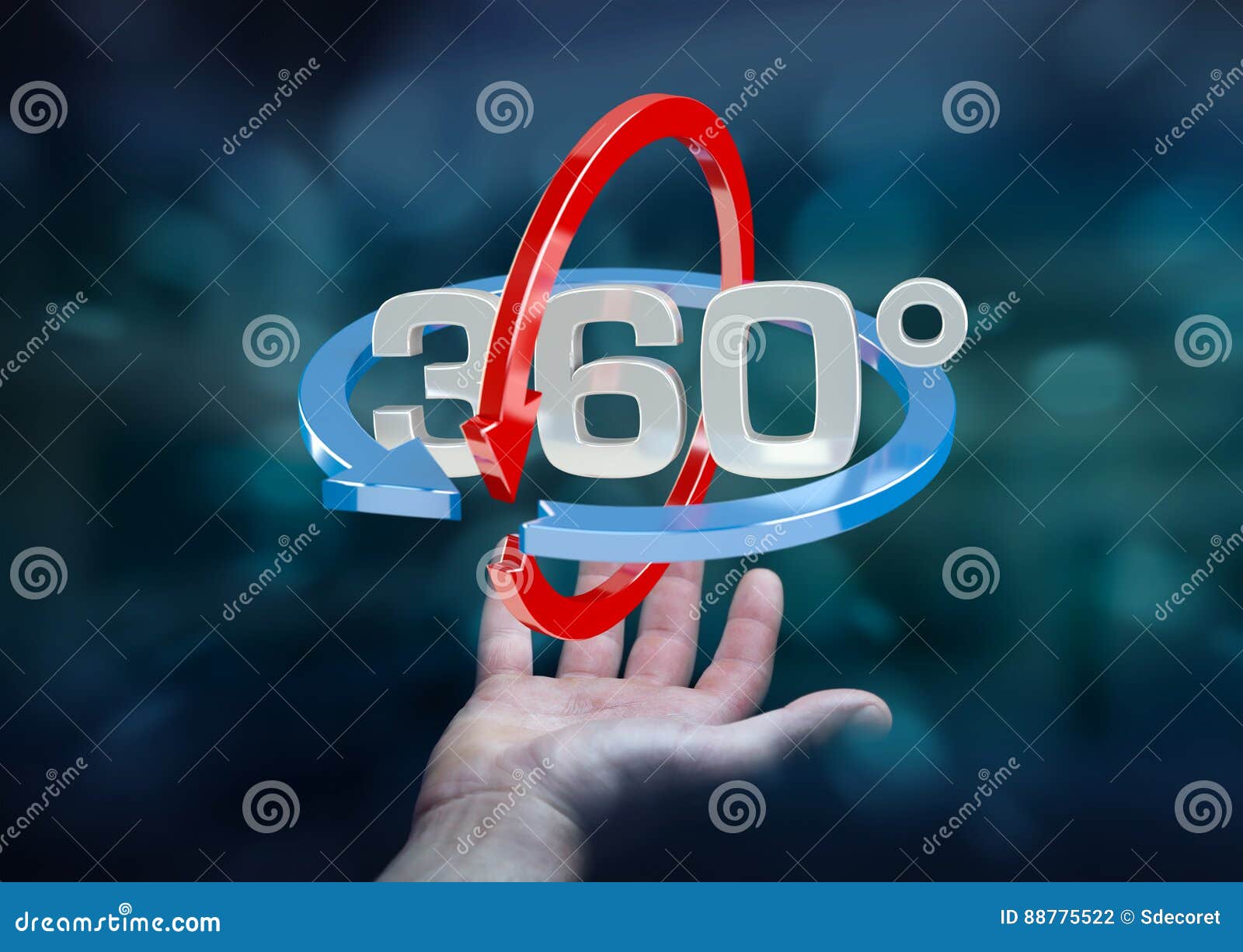 Man Holding 360 Degree 3D Render Icon in His Han Stock Illustration ...