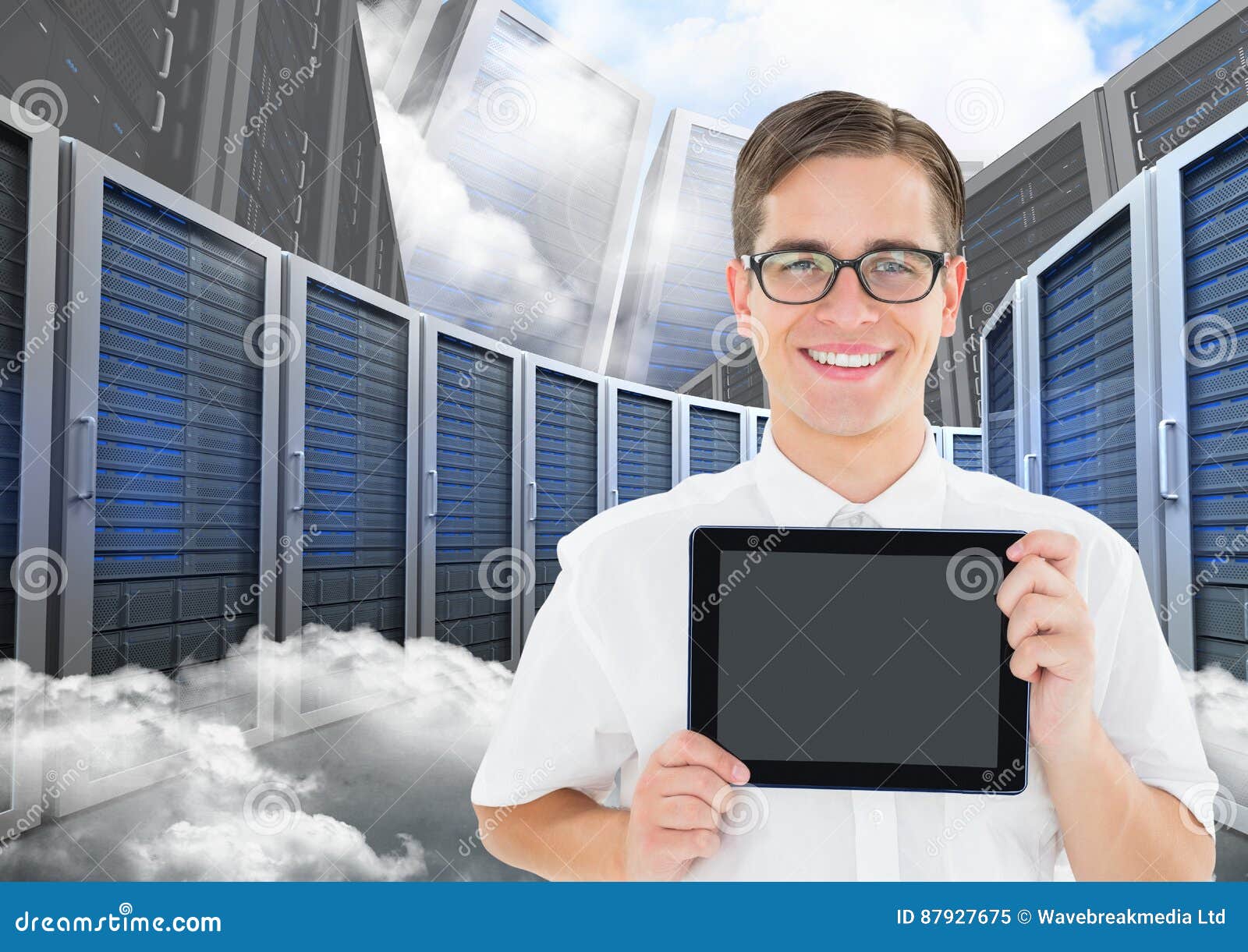 Man Holding Digital Tablet Against Database Server Systems in Sky Stock ...