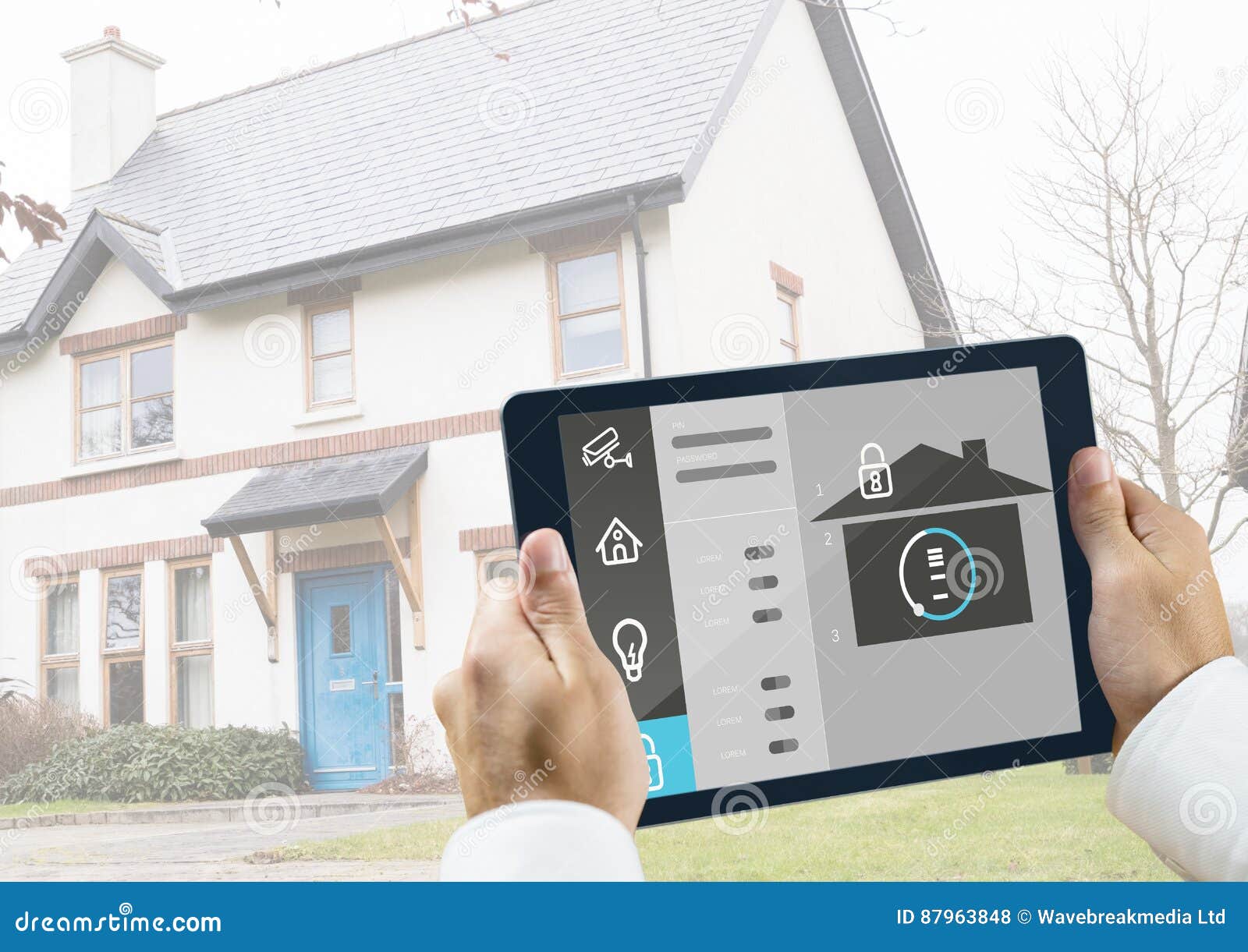 Man Holding a Digital Tablet with Home Security Concept Stock Photo ...