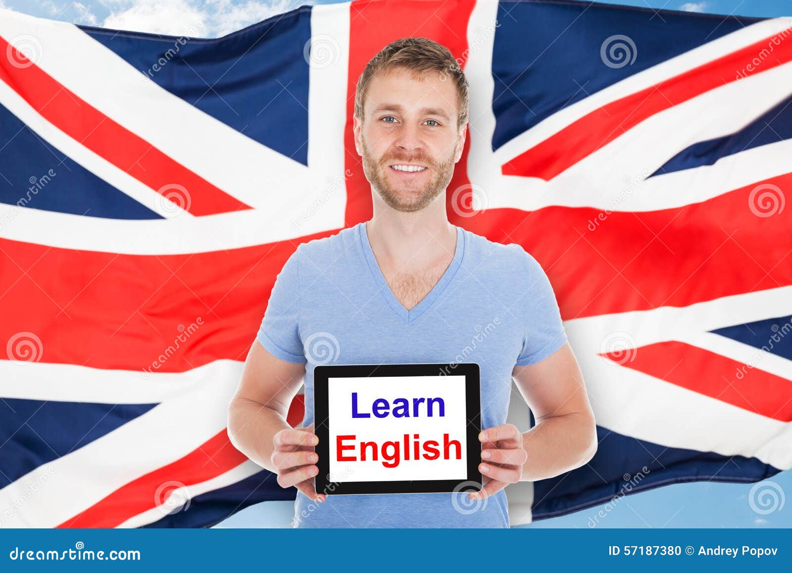 Man Holding Digital Tablet with Learn English Text Stock Photo - Image ...