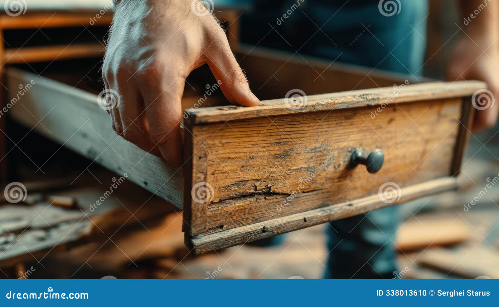 A Man Holding a Drawer in His Hand while Working on Something, AI Stock ...