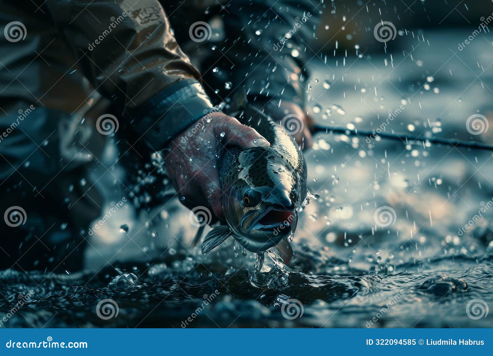 A Man is Holding a Fish in His Hand while it is Being Caught Stock ...