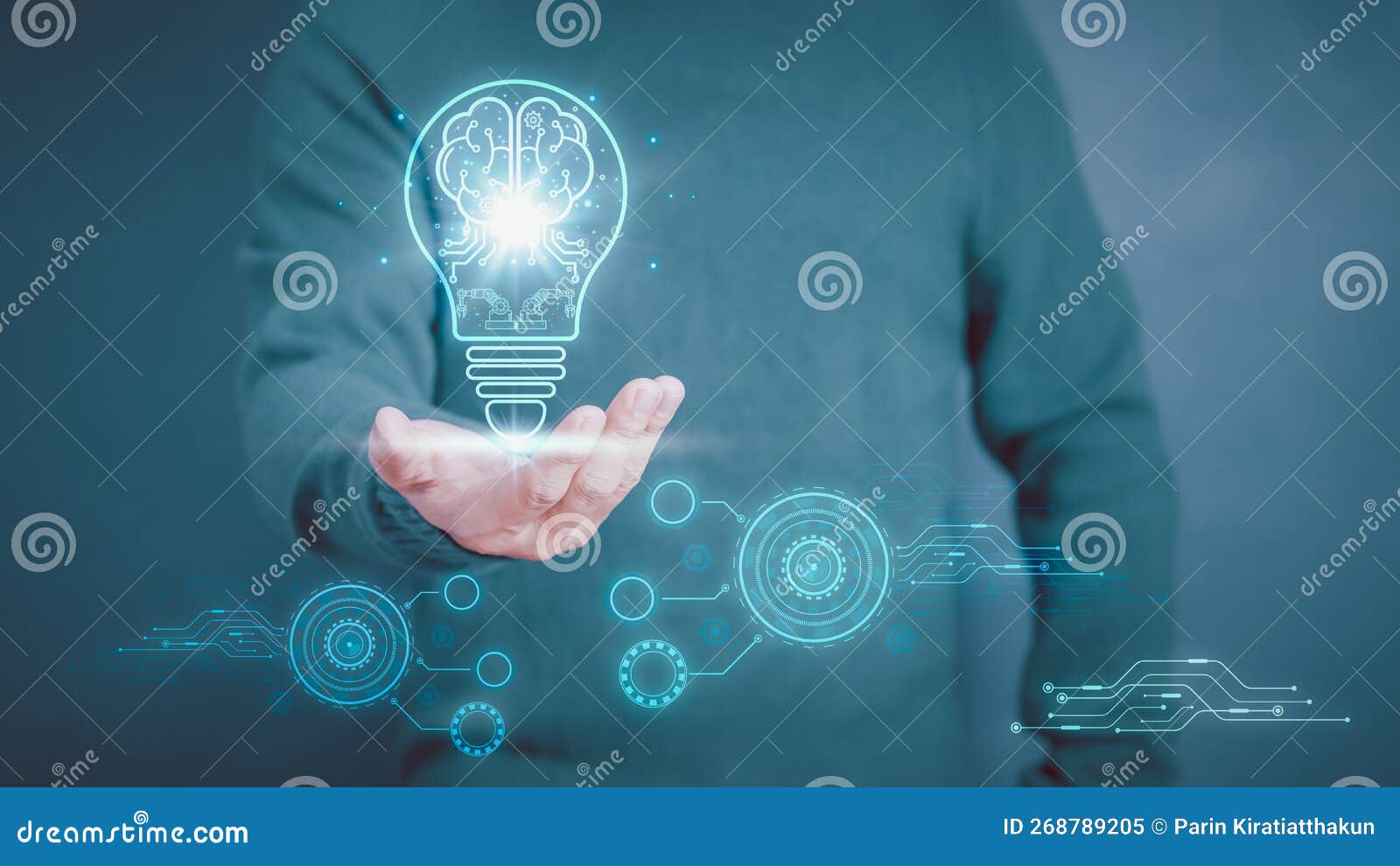Man Holding a Glowing Abstract Light Bulb on a Wooden Table, Business ...