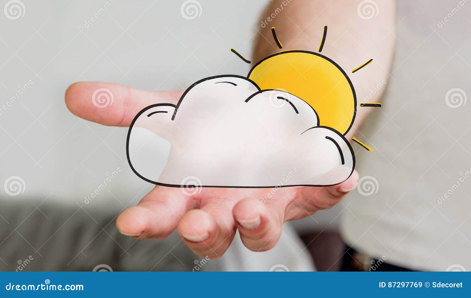 Man Holding Hand Drawn Cloud and Sun Icons Stock Illustration ...