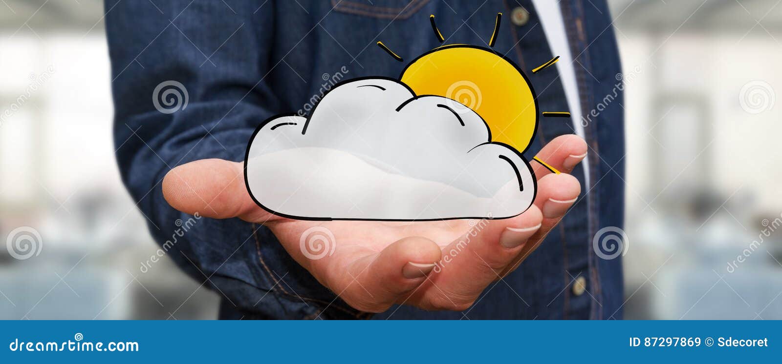 Man Holding Hand Drawn Cloud and Sun Icons Stock Illustration ...