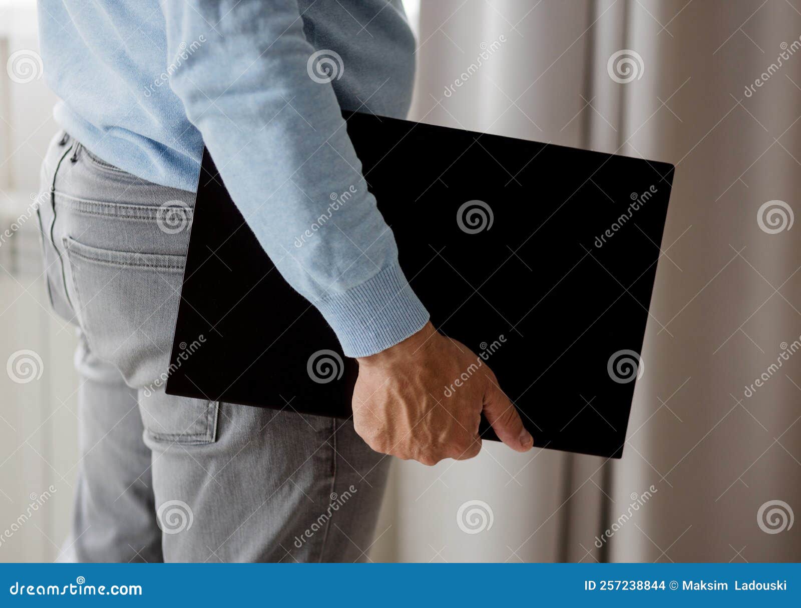 Man Holding in Hands Carrying Laptop Stock Photo - Image of business ...
