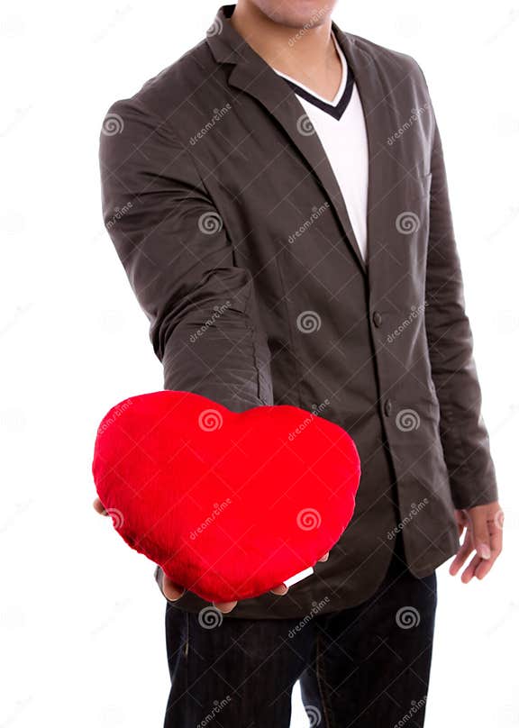 Man Holding Heart Shape Pillow. Stock Image - Image of sign, background ...