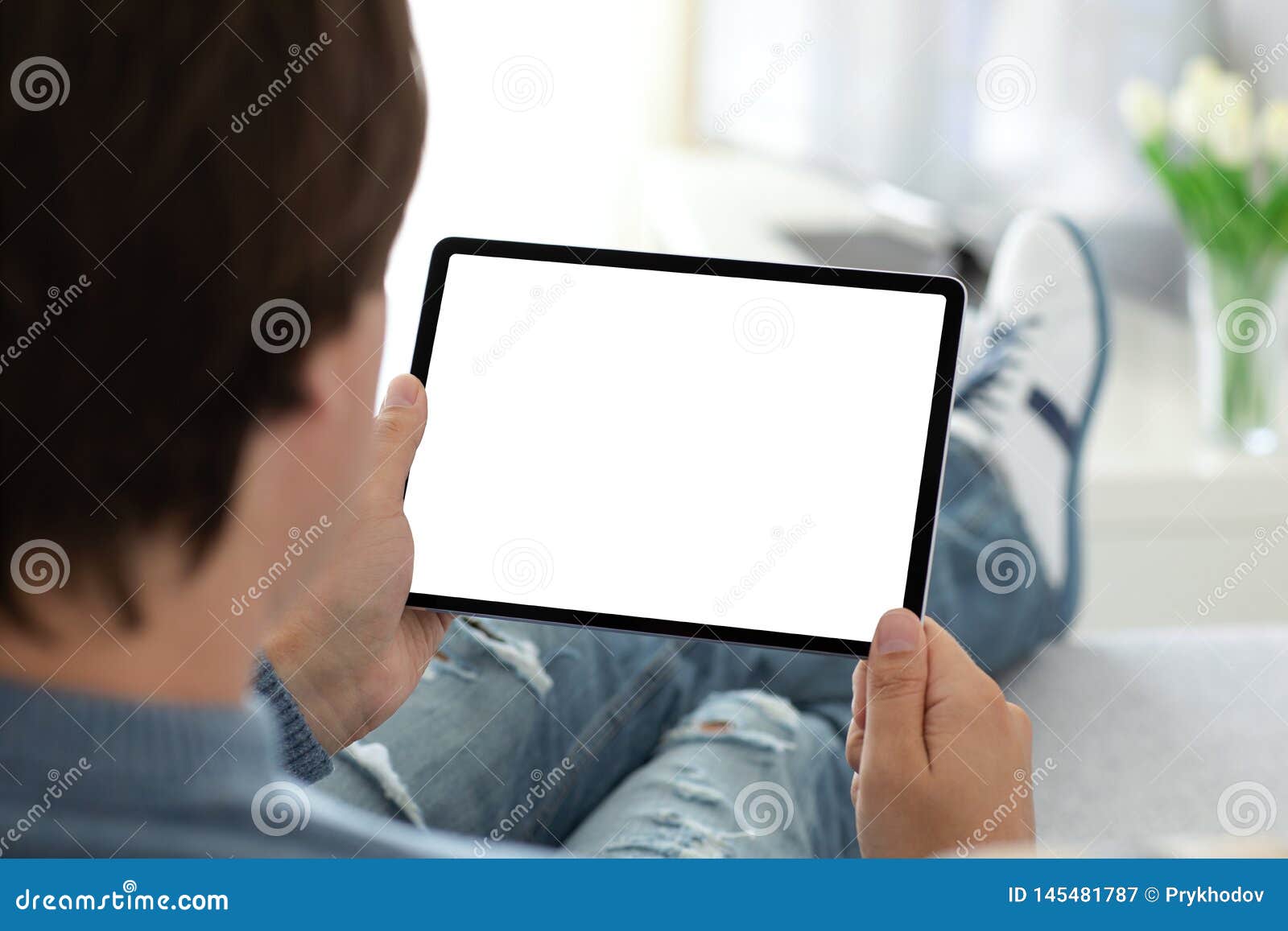 Man Holding in His Hands Computer Tablet with Isolated Screen Stock ...