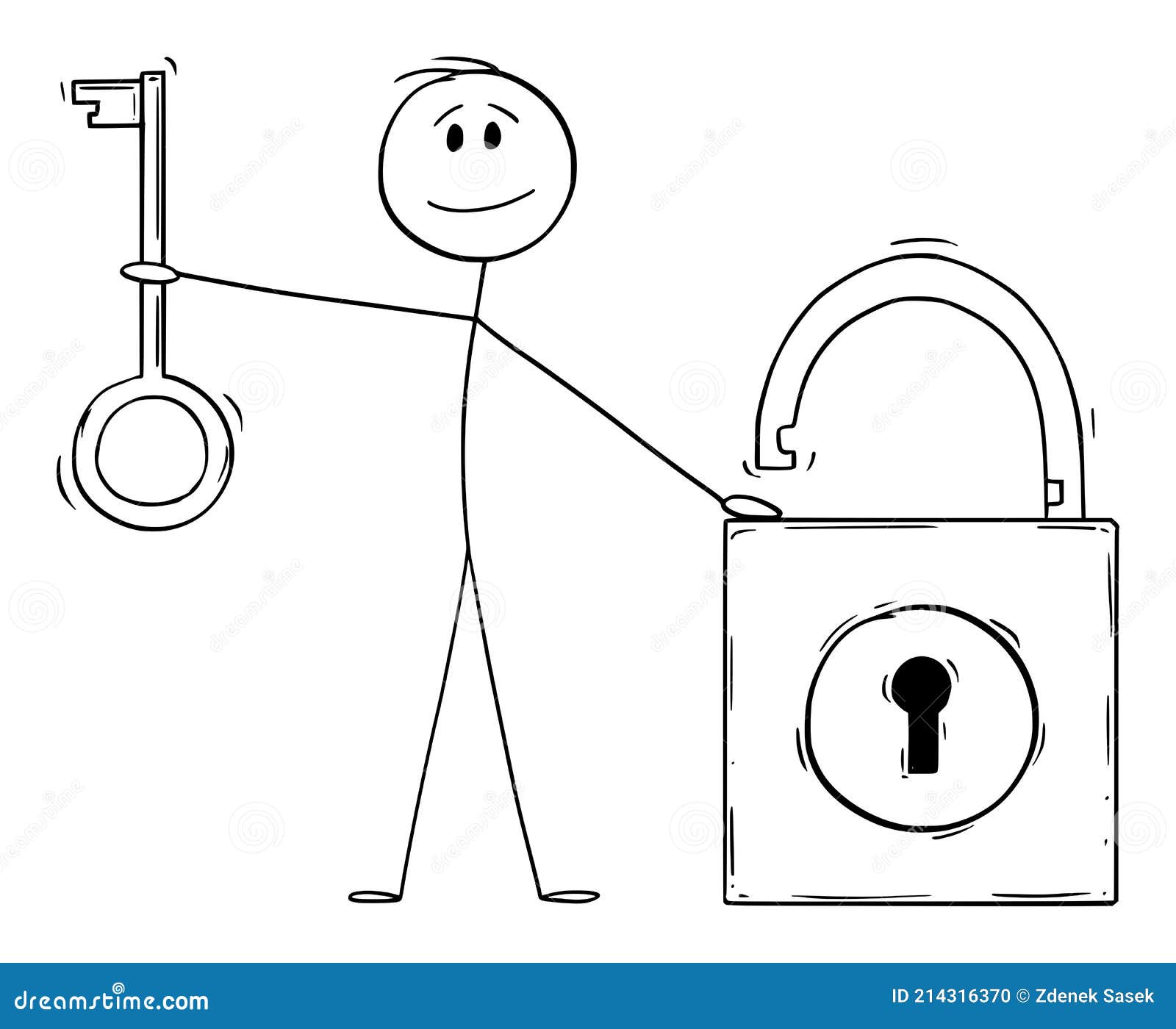 Man Holding Key and Lock, Security Concept, Vector Cartoon Stick Figure ...