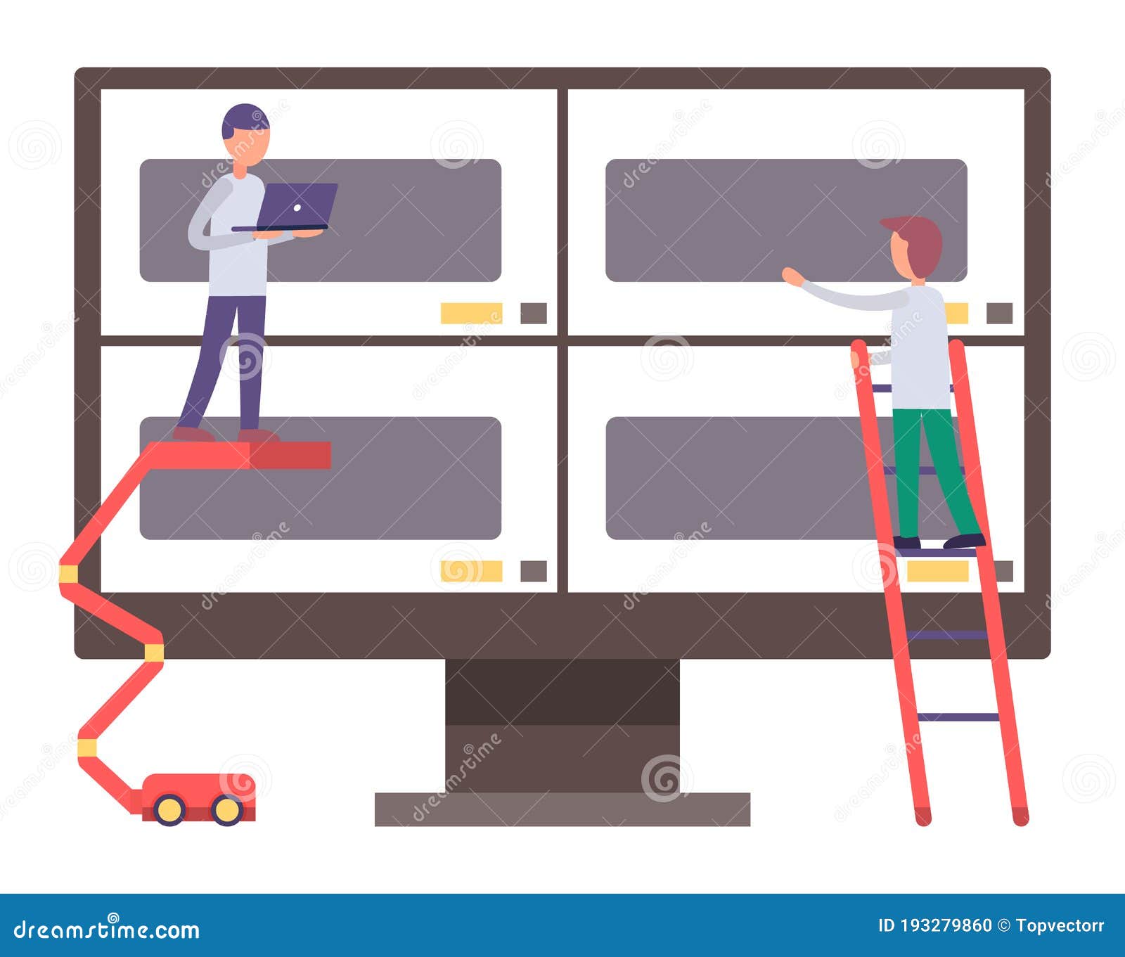 Man Holding Laptop Standing at Crane, Looking at Screen of Computer ...