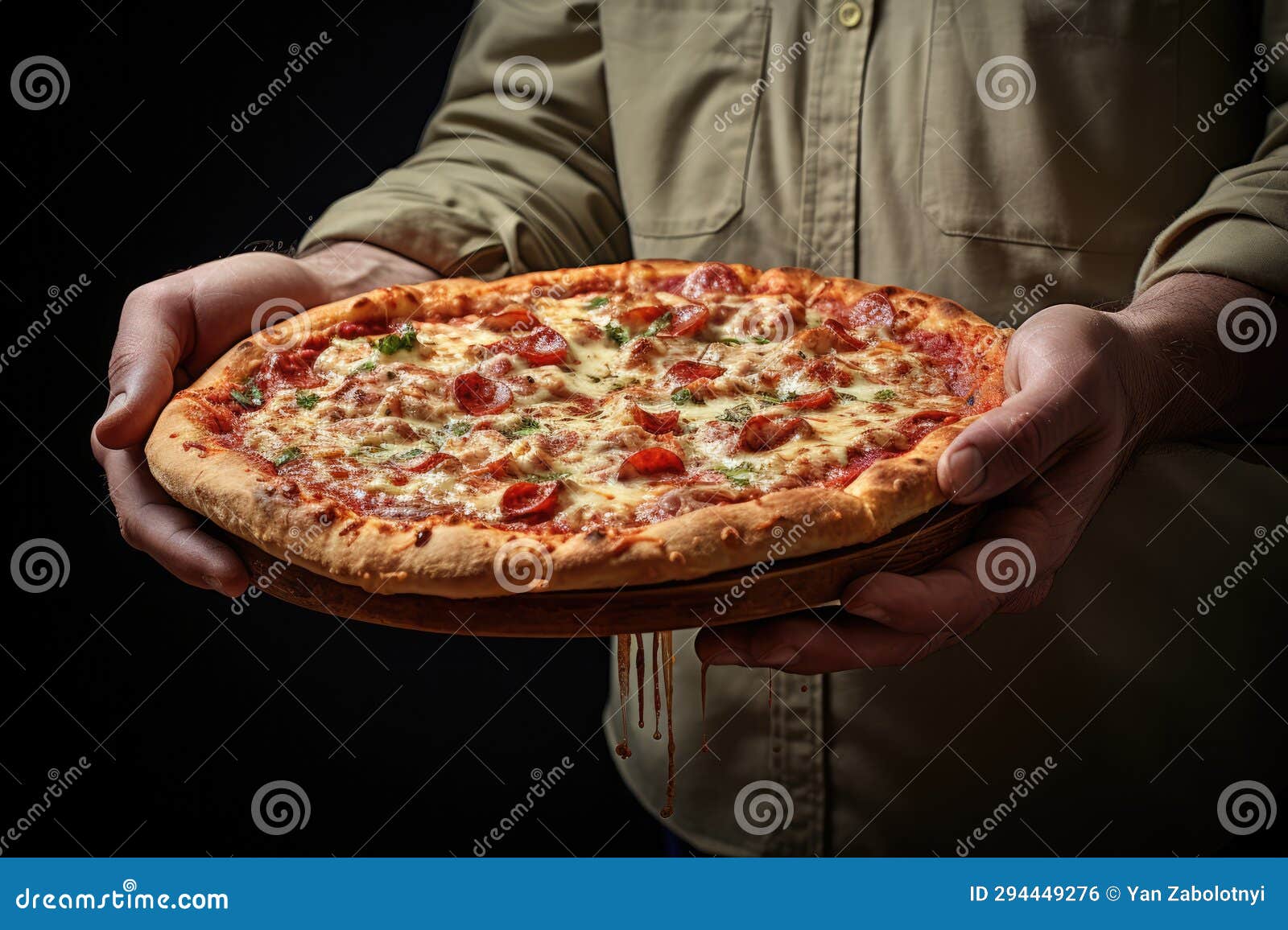 A Man Holding a Large Pizza in His Hands Stock Illustration ...