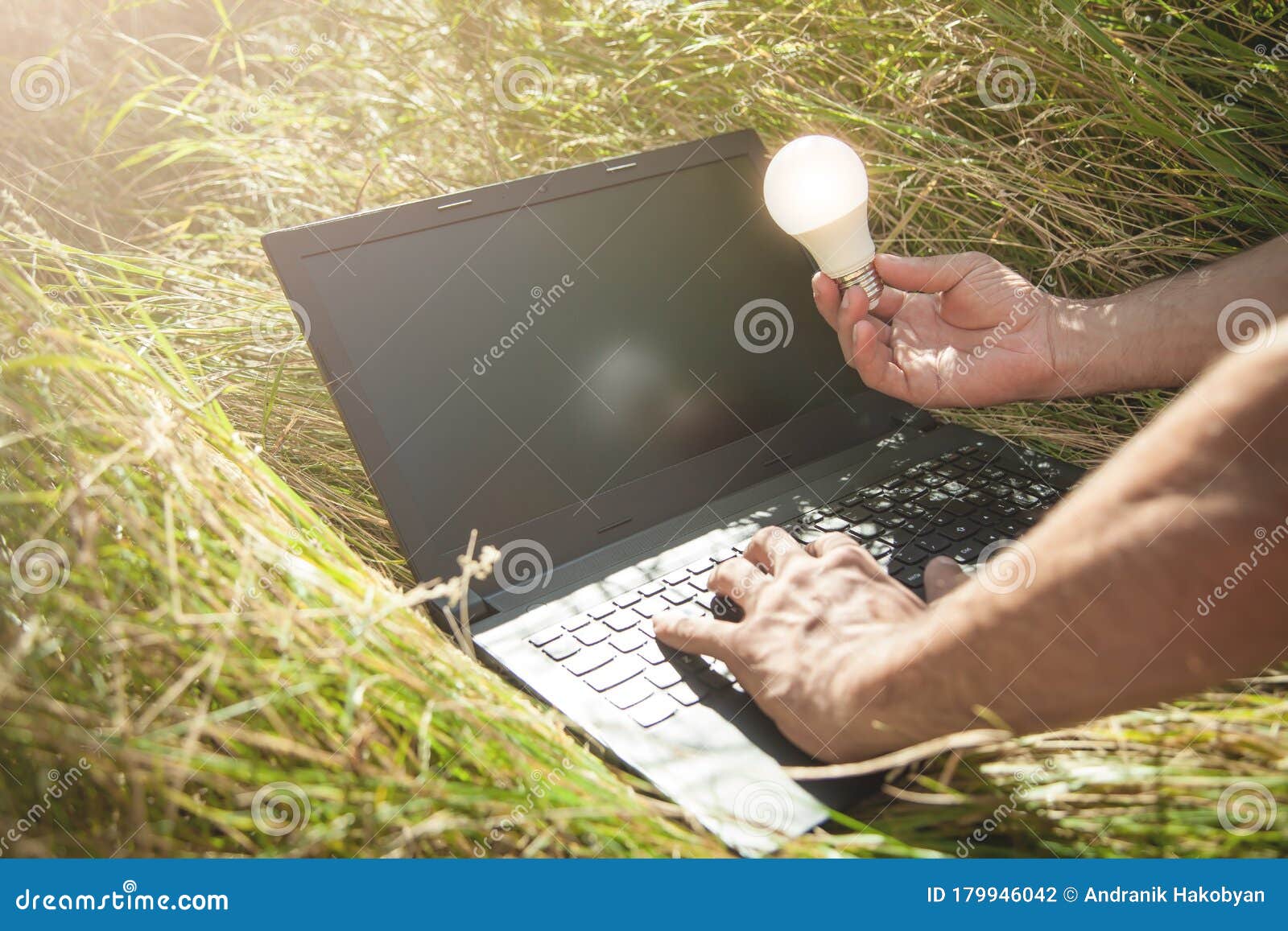 Man Holding Light Bulb and Using Laptop Computer in Nature Stock Photo ...