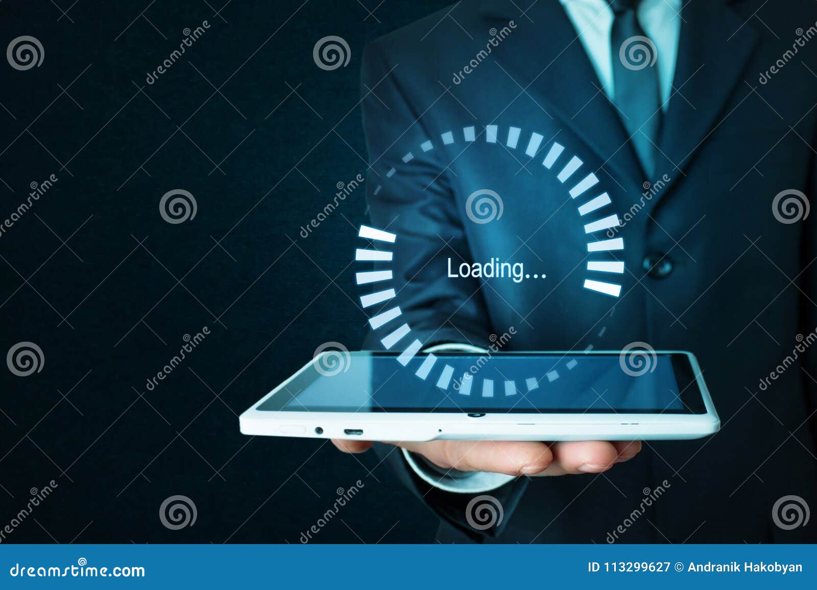 Man holding loading sign. stock image. Image of element - 113299627
