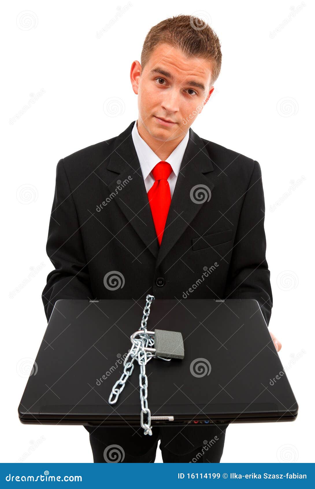 Man Holding a Locked Computer Stock Image - Image of data, hand: 16114199