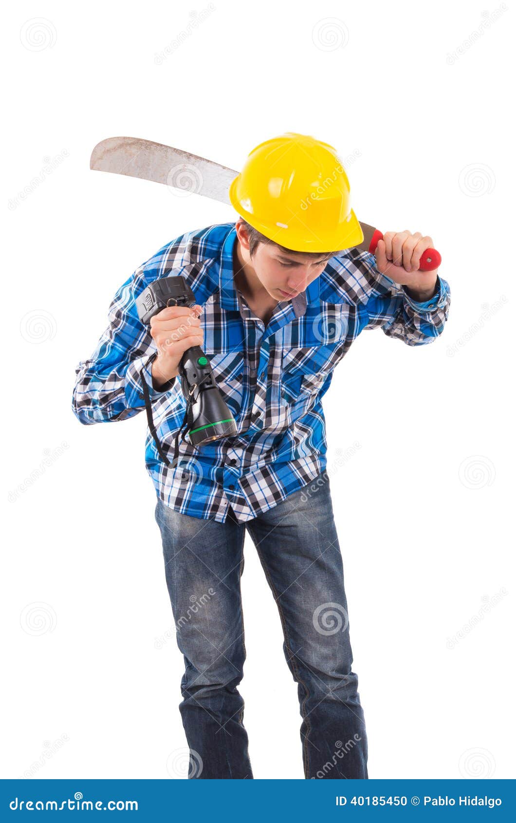 Man Holding a Machete and Helmet Stock Photo - Image of caucasian, hair ...