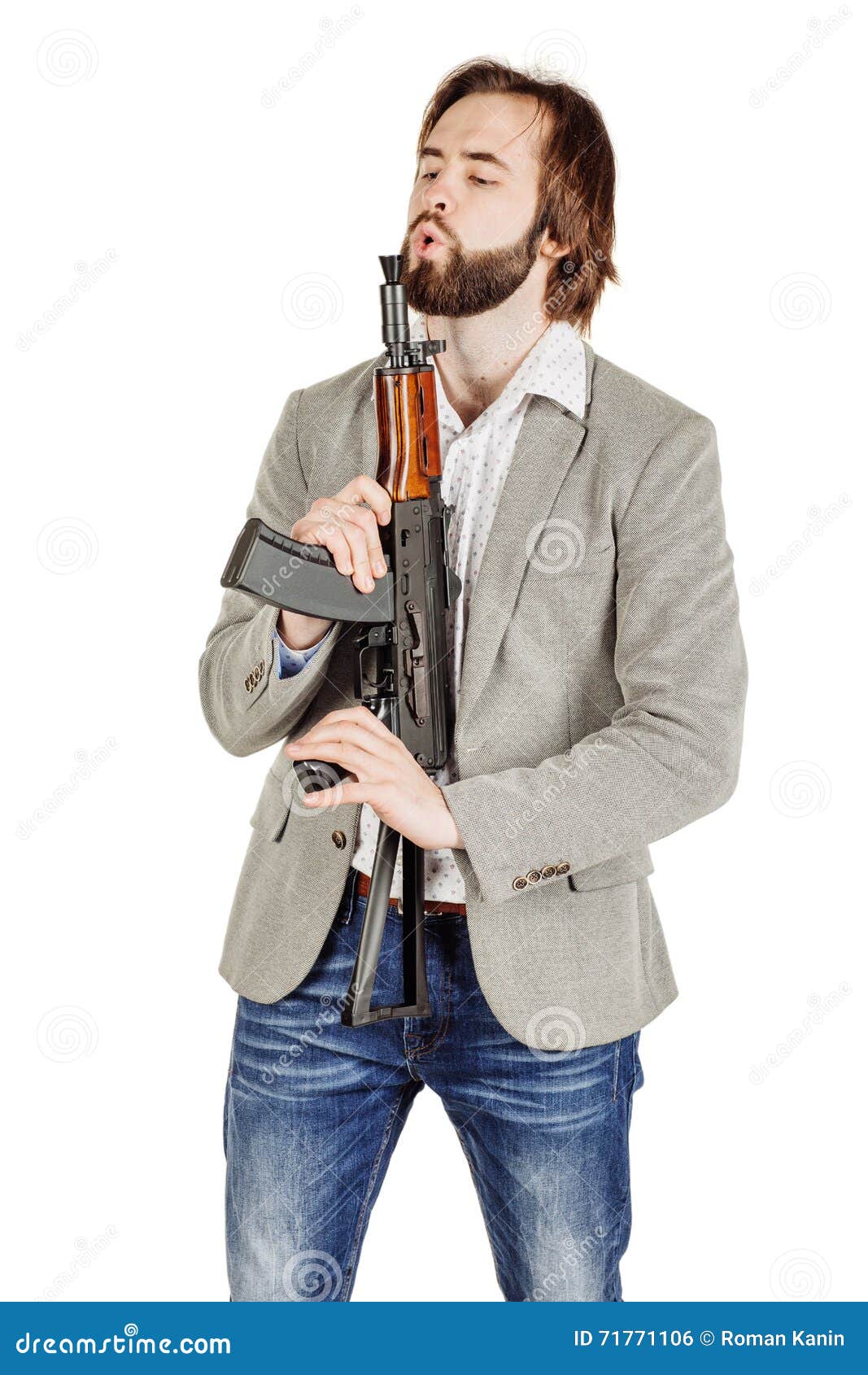 Man Holding a Machine Gun Isolated on White Background Stock Photo ...