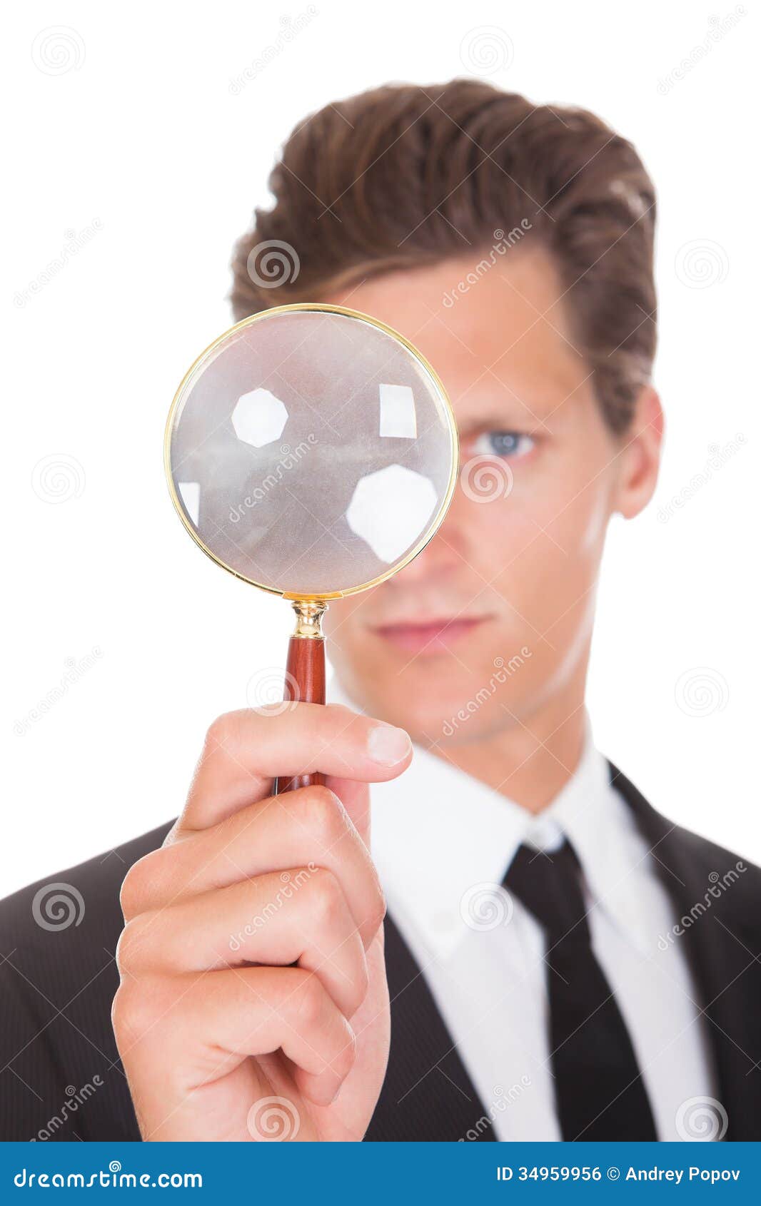 Man Holding Magnifying Glass On White Background. Man With A Magnifying ...