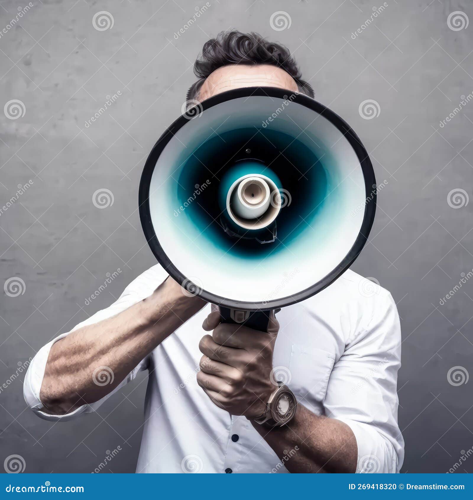Man Holding Megaphone Up To His Face. Generative AI Stock Photo - Image ...