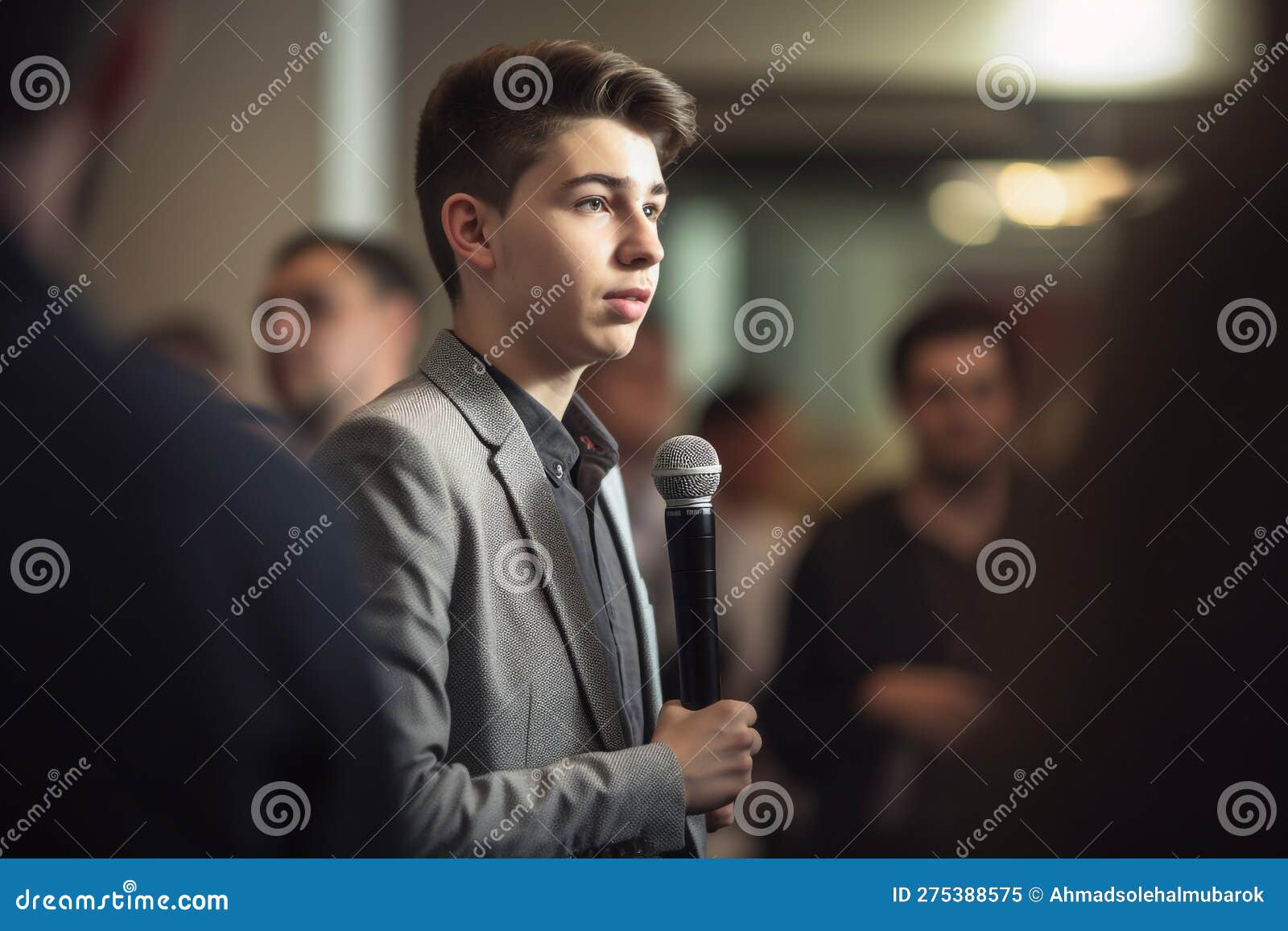 A Man Holding Mic Public Speaking in Front of the Audience. Photo ...
