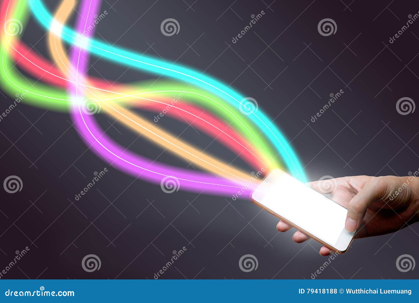 Man Holding Mobile Phone and Fiber Optical Light Network. Stock Photo ...