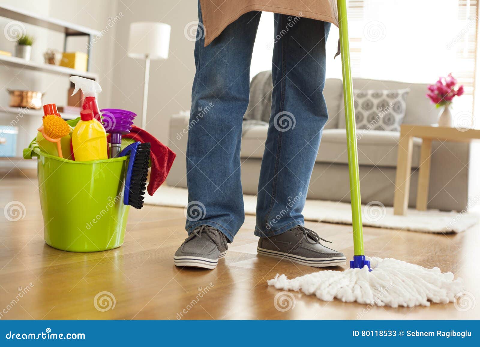 Man Holding Mop and Plastic Bucket Stock Image - Image of cleaner, male ...