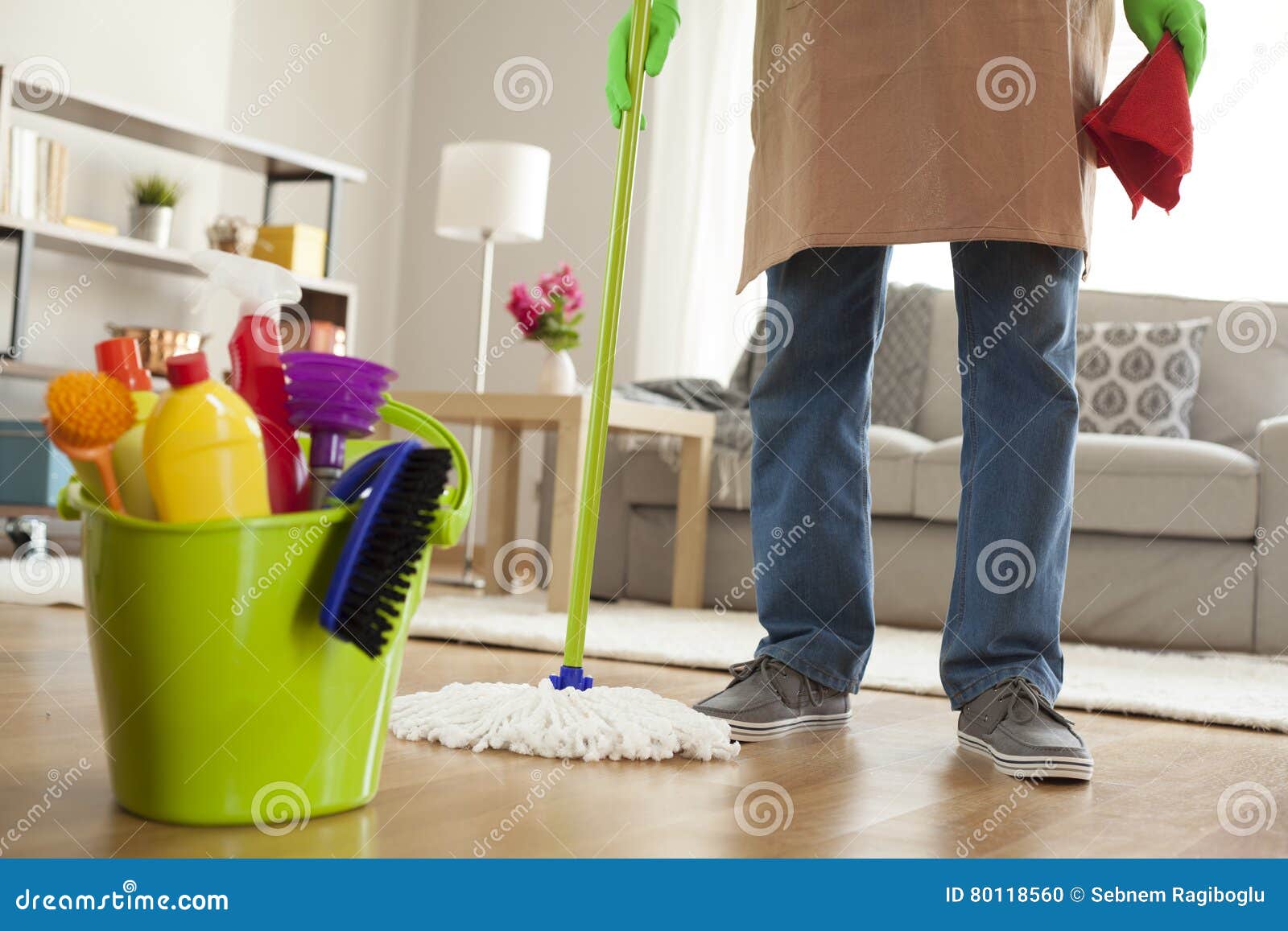 Man Holding Mop and Plastic Bucket Stock Photo - Image of apron, room ...