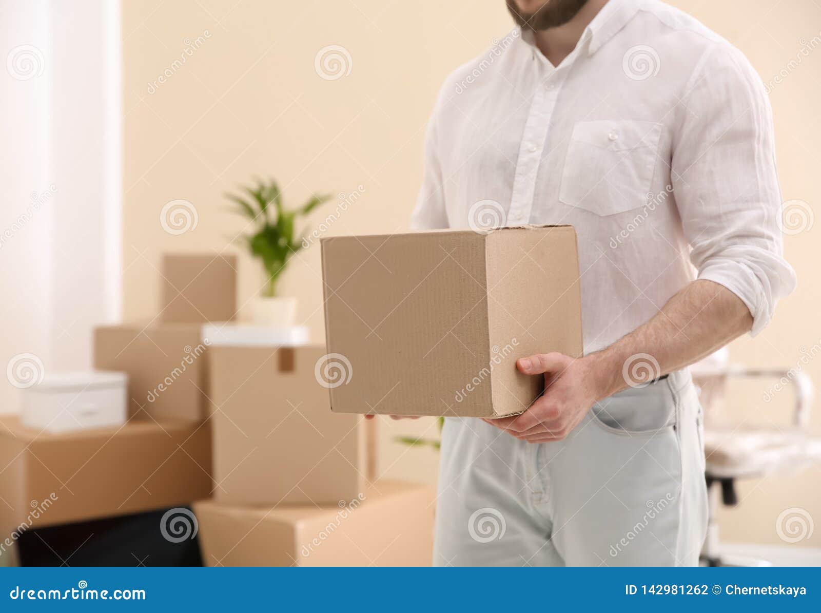 Man Holding Moving Box in New Office, Closeup Stock Photo - Image of ...