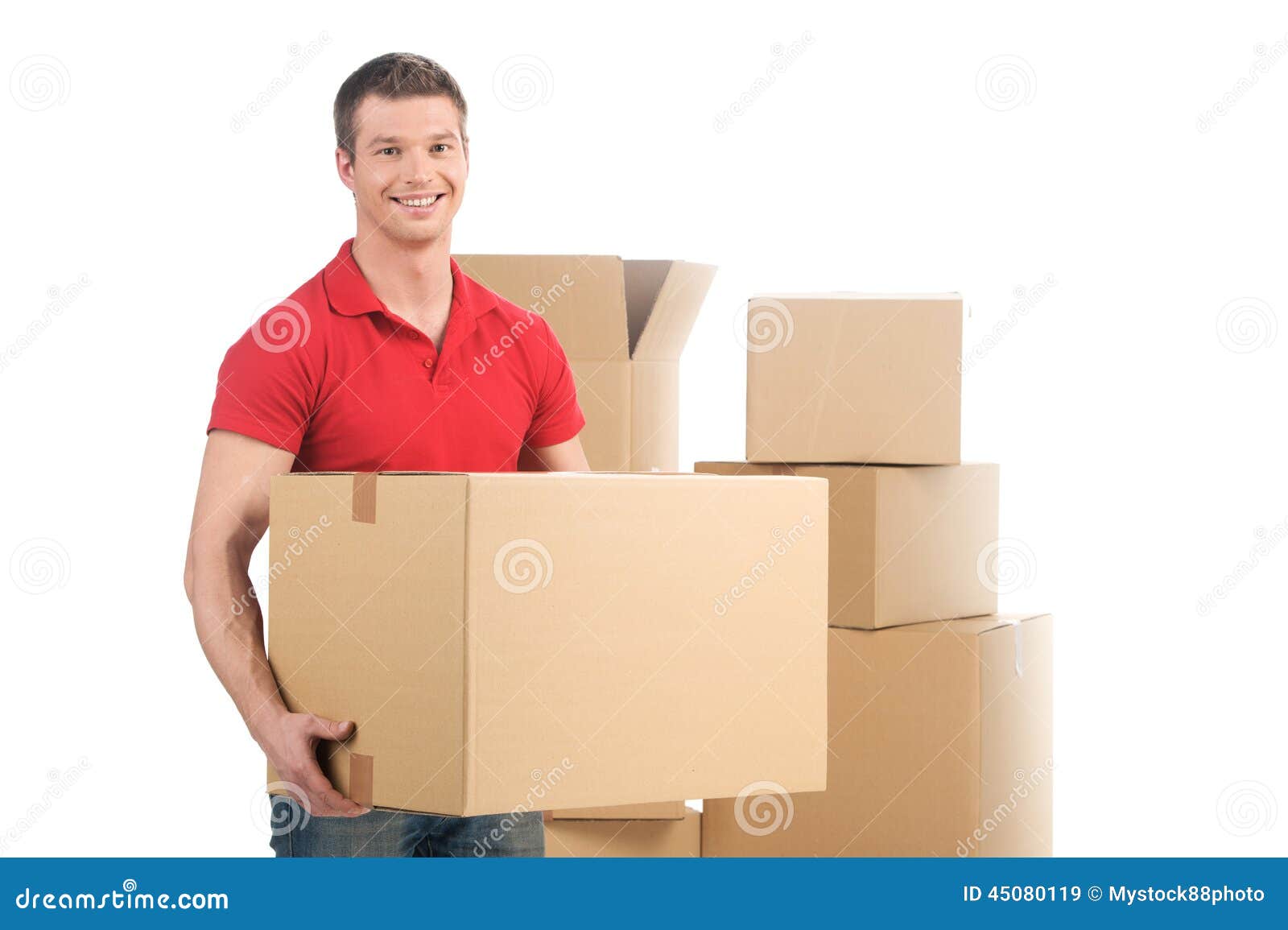 Man Holding Moving Box and Smiling at Camera. Stock Image - Image of ...