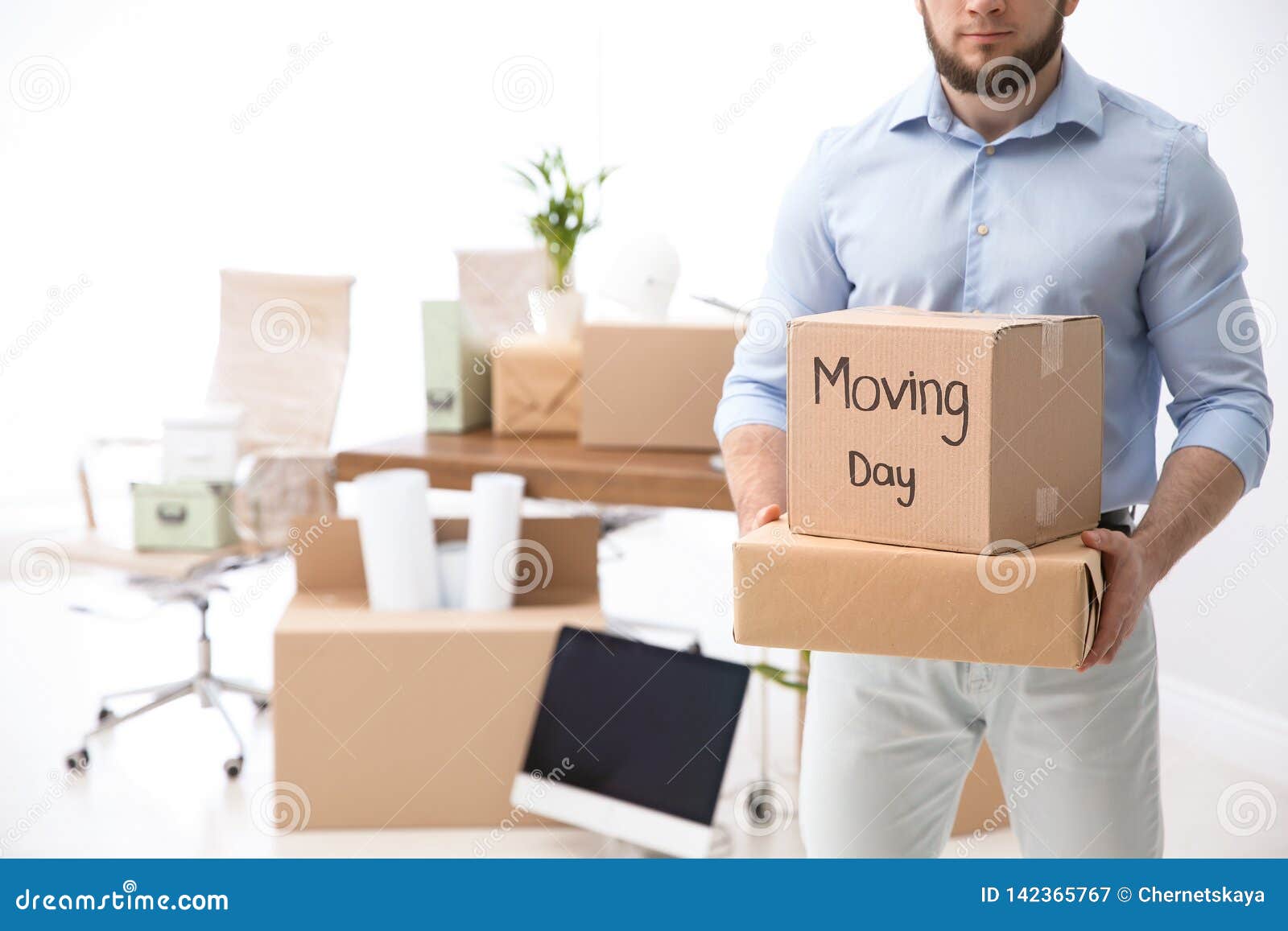 Man Holding Moving Boxes in New Office, Closeup Stock Image - Image of ...