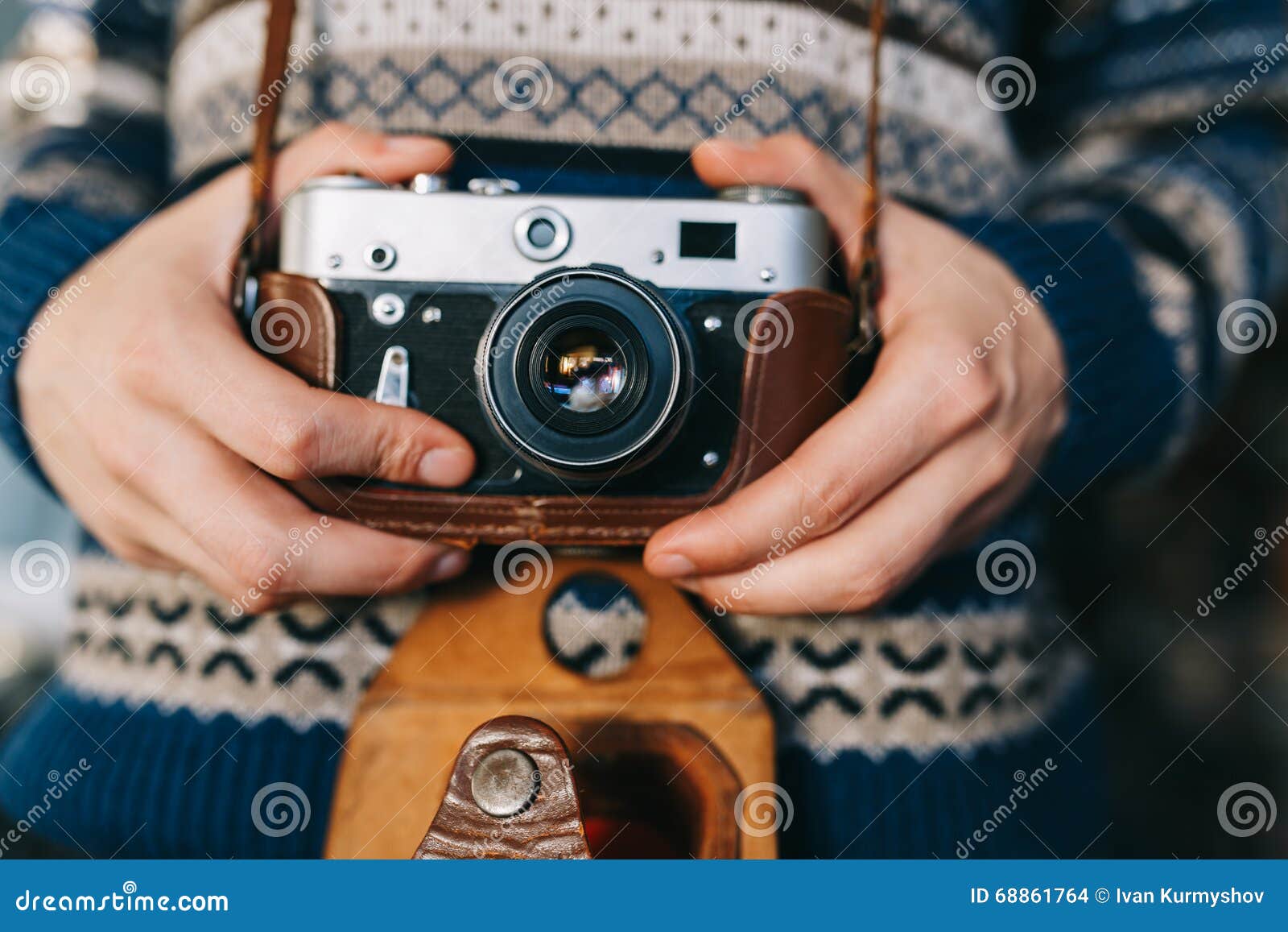 Man Holding Old Retro Camera in Hands Stock Photo - Image of wool ...