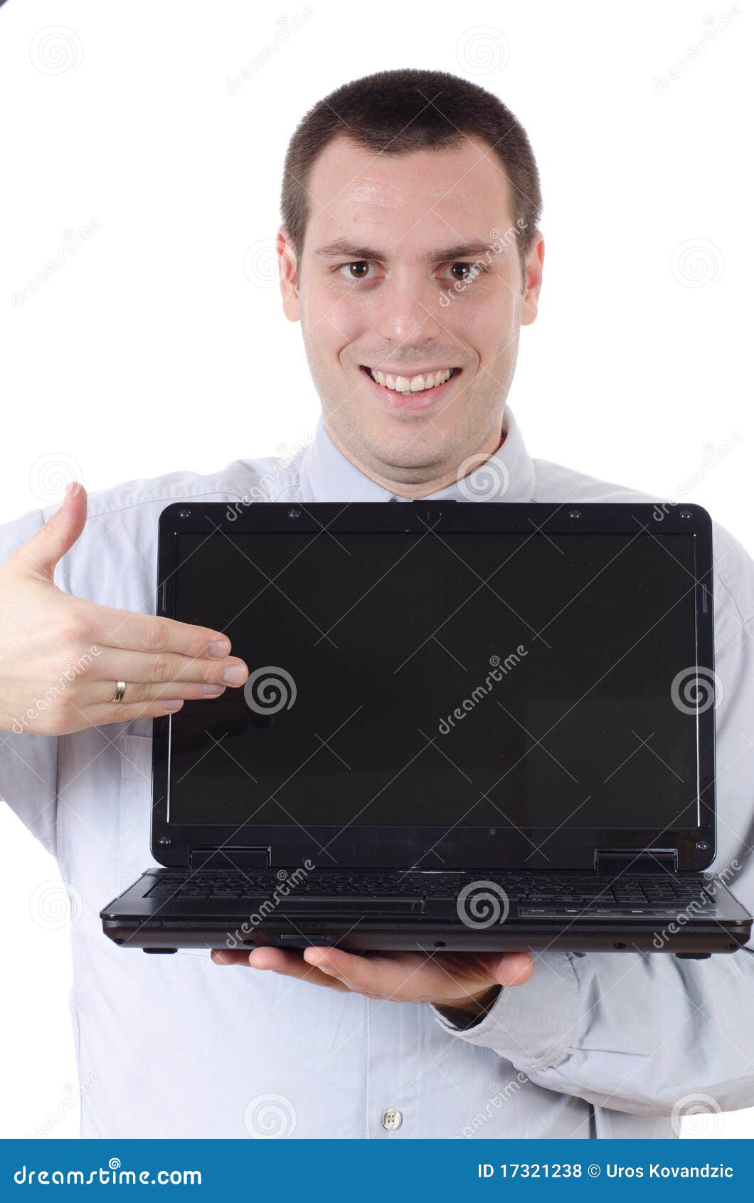 Man Holding Open Laptop Showing it with a Smile Stock Photo - Image of ...
