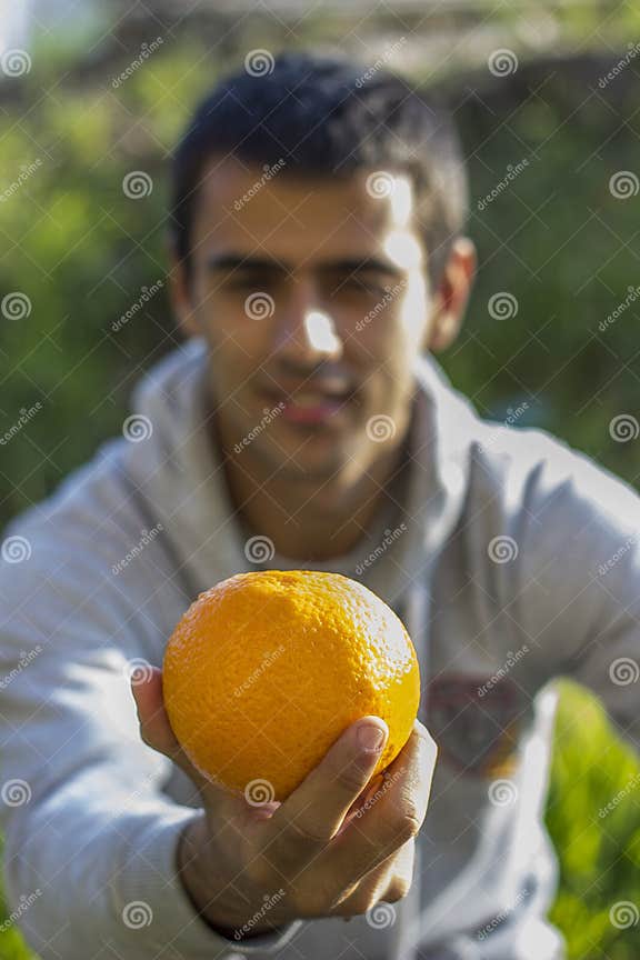 Man holding an orange stock image. Image of grab, small - 39344689
