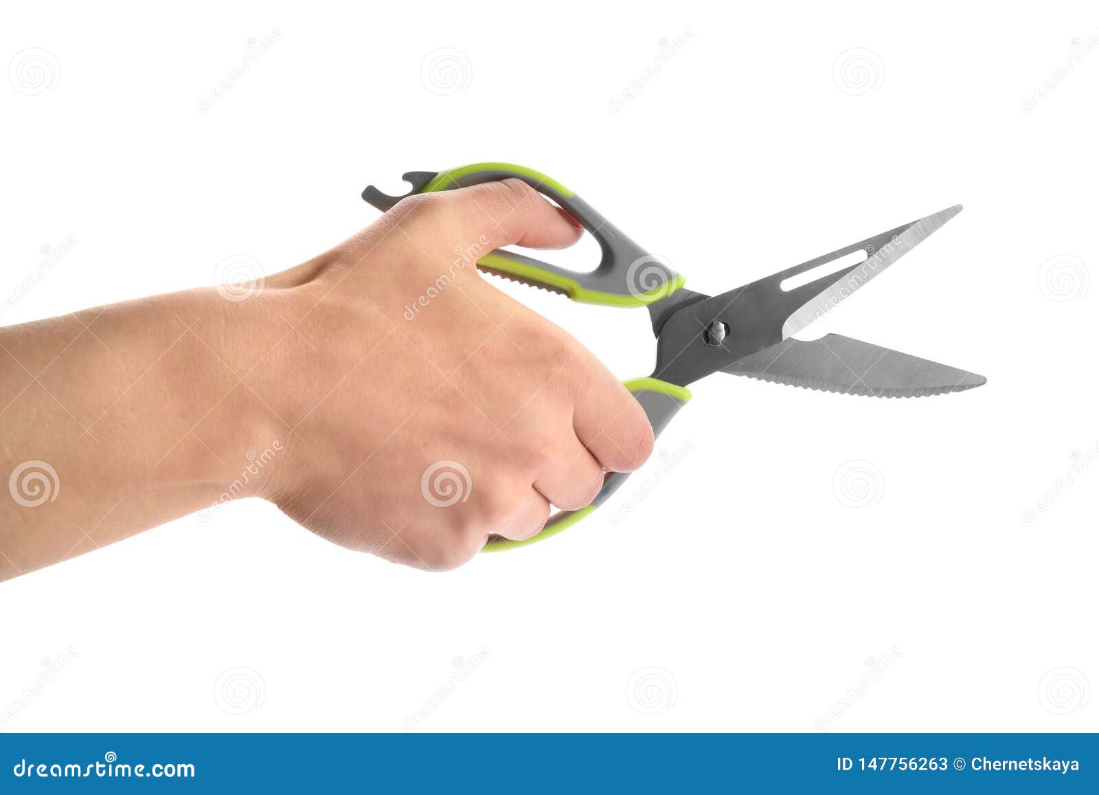 Man Holding Pair of Kitchen Scissors Isolated on White Stock Image ...
