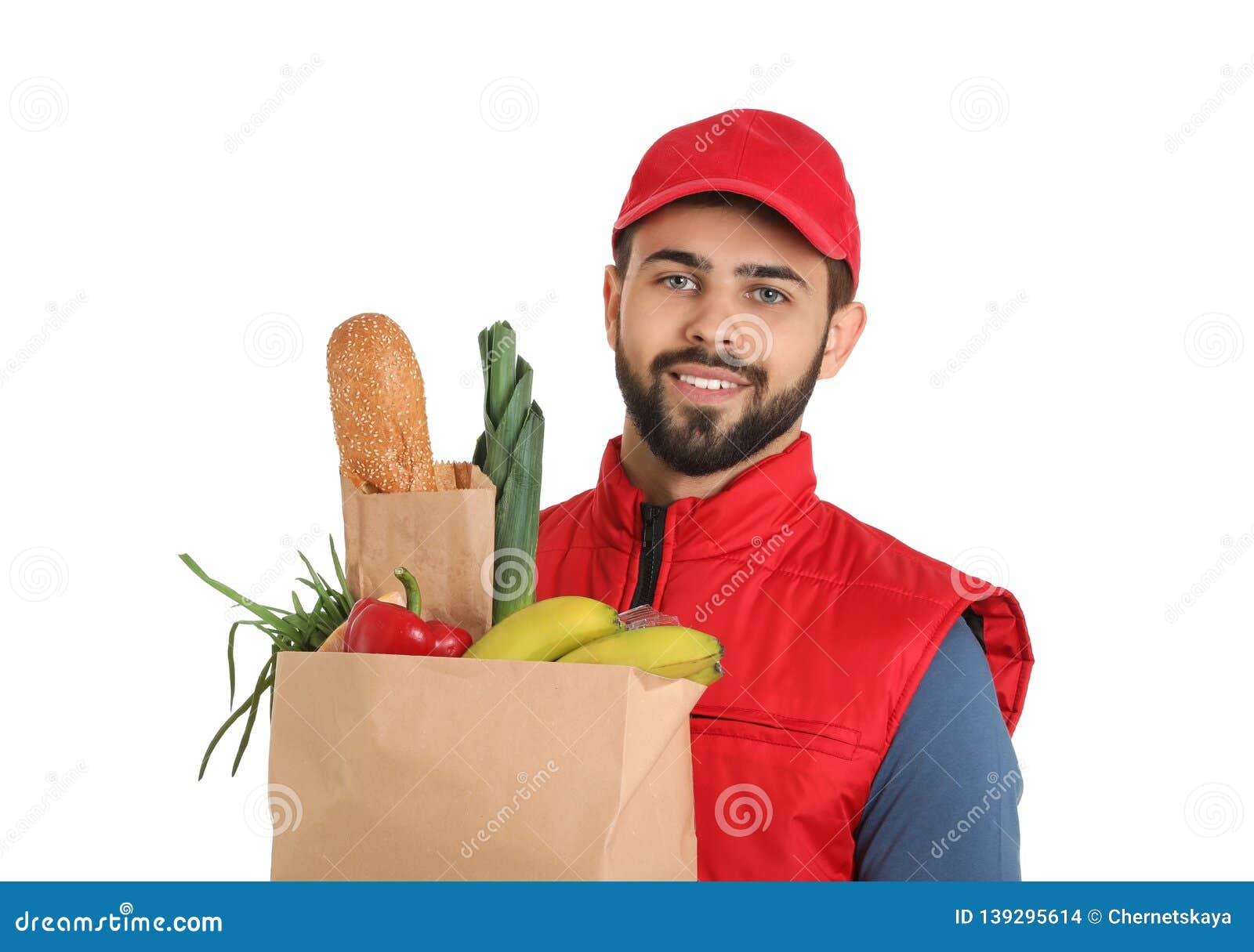 Man Holding Paper Bag with Fresh Products on White Background. Stock ... Man Holding Paper Bag with Fresh Products on White Background. Stock ...