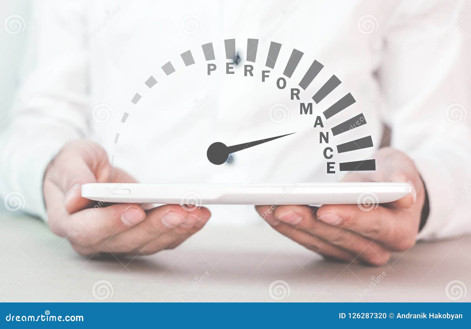 Man Holding Performance Speedometer. Business Concept Stock Photo ...