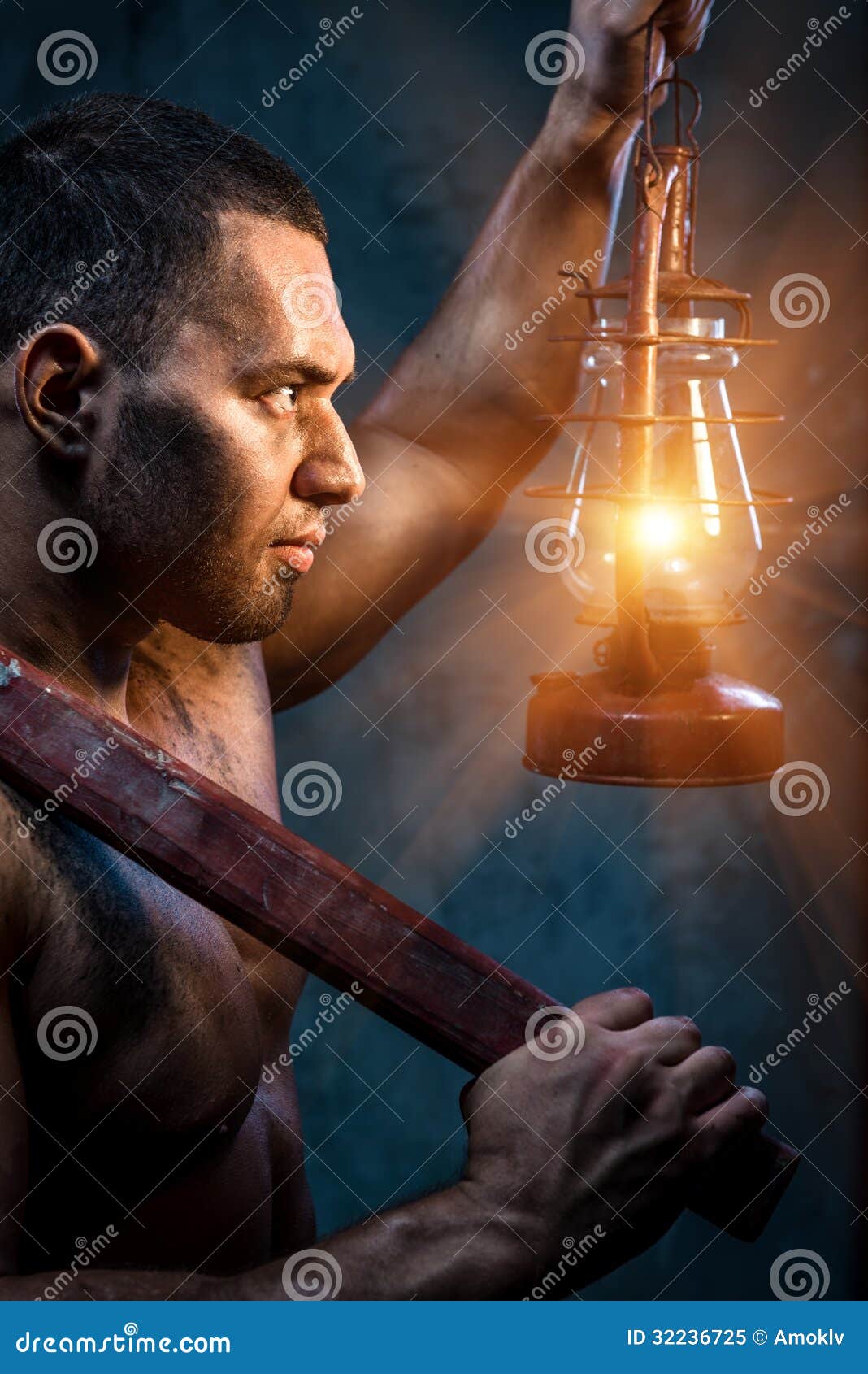 Man Holding Pickaxe and Oil Lamp Stock Image - Image of adult, handsome ...