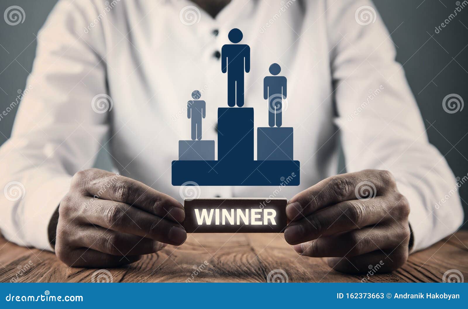 Man Holding Podium Winners with a Human Icons. Winner Stock Image ...