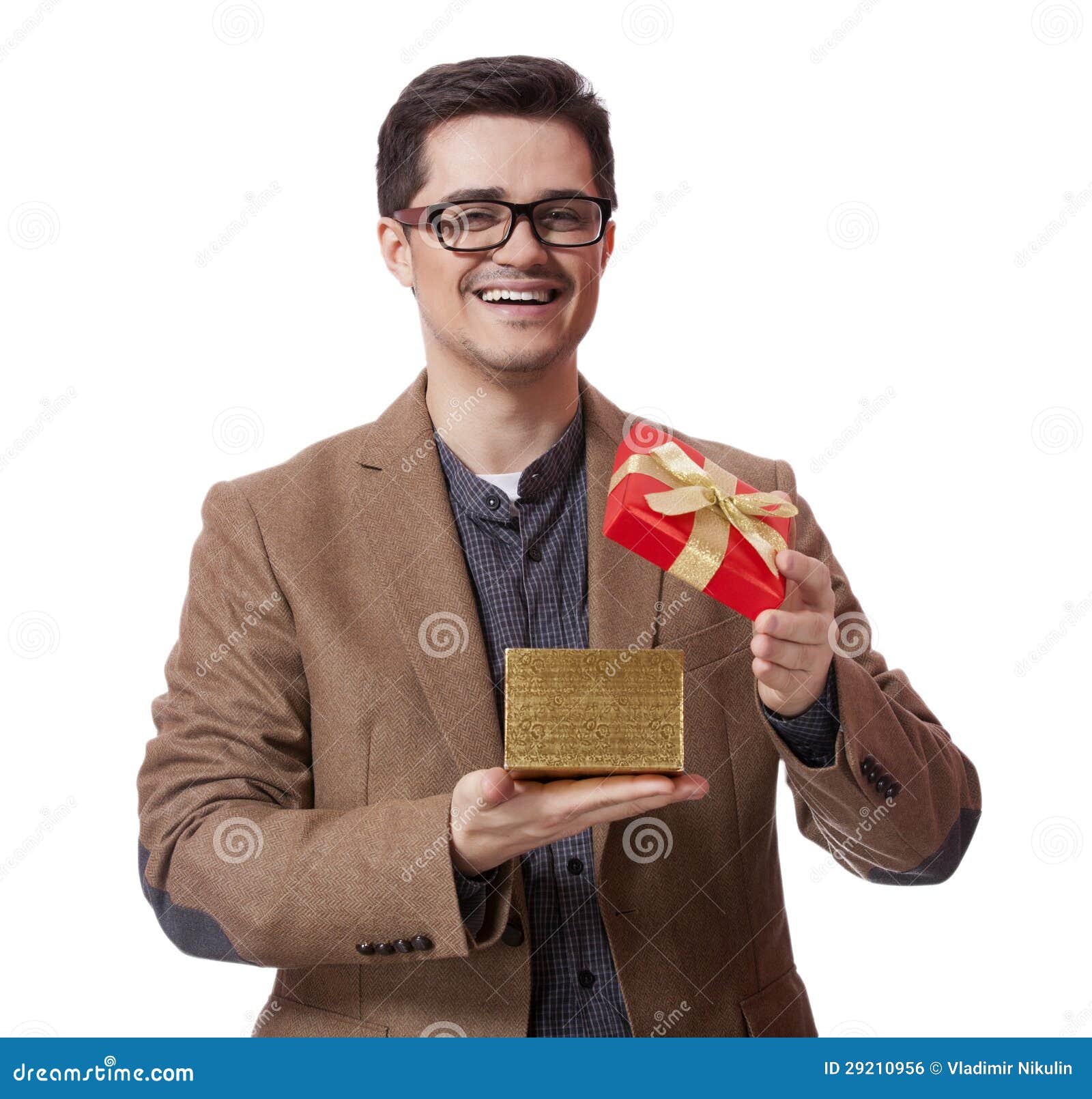 A Man Holding Present Box on White Background. Stock Photo - Image of ...