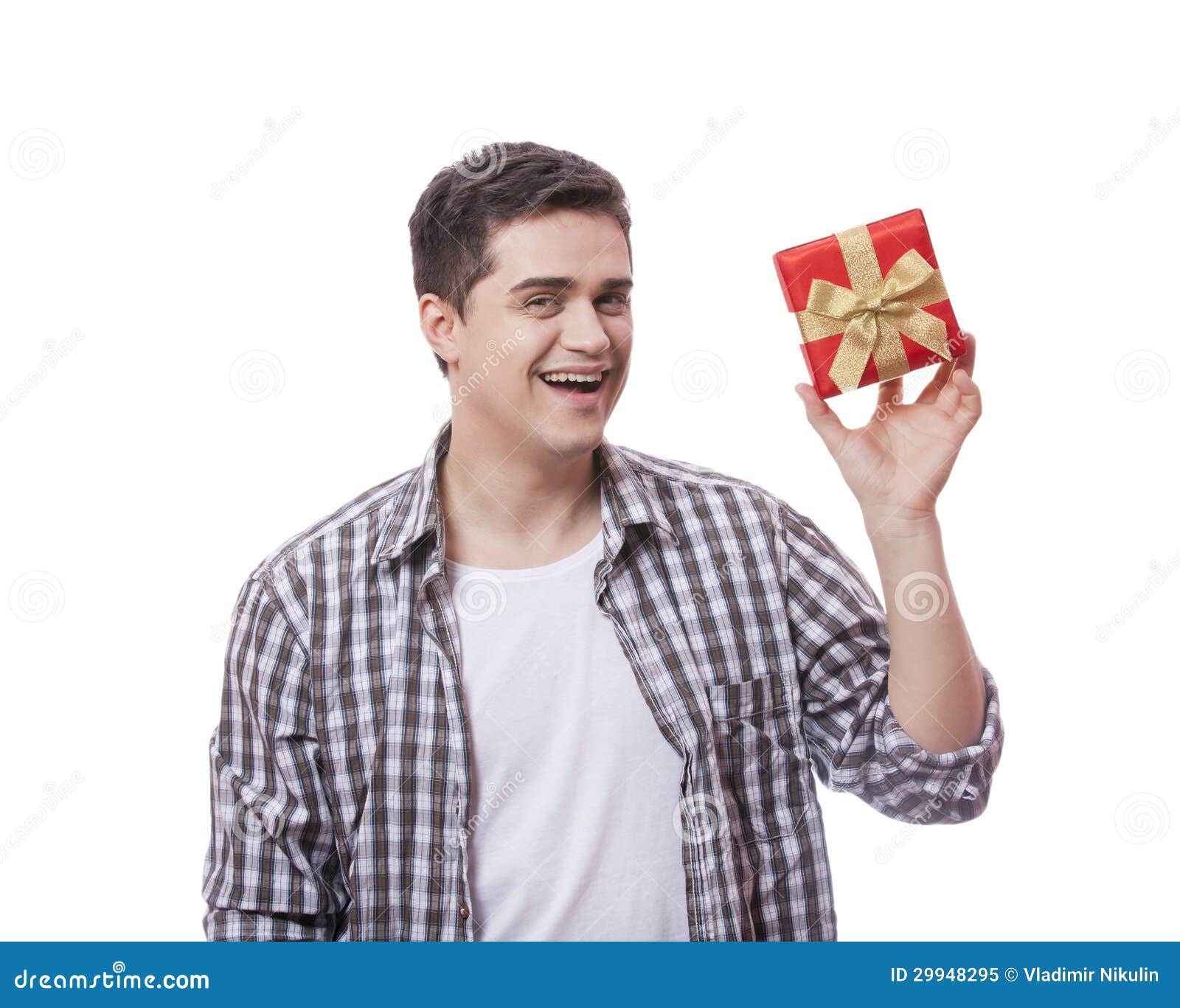 A Man Holding Present Box on White Background. Stock Image - Image of ...