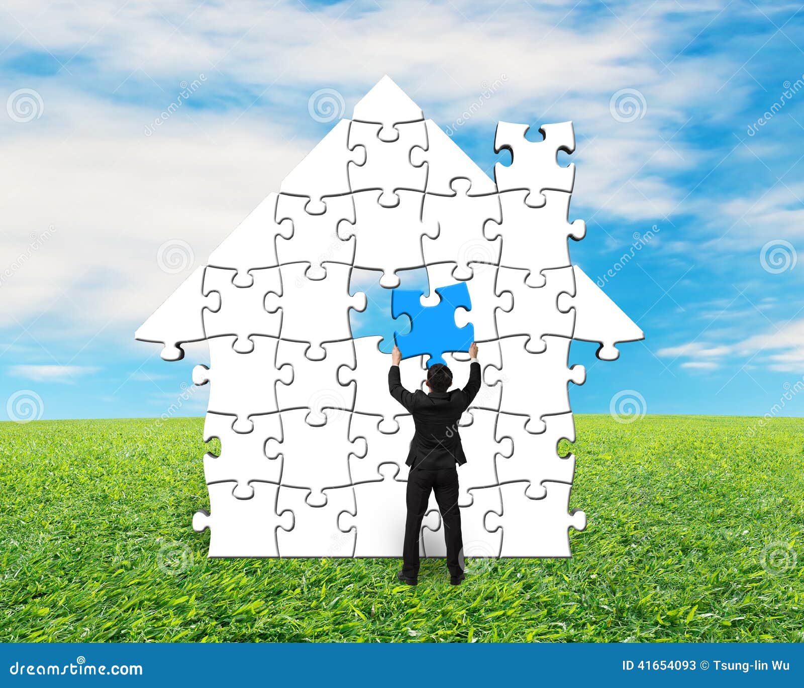 Man Holding Puzzles Assembling for House Shape Stock Illustration ...