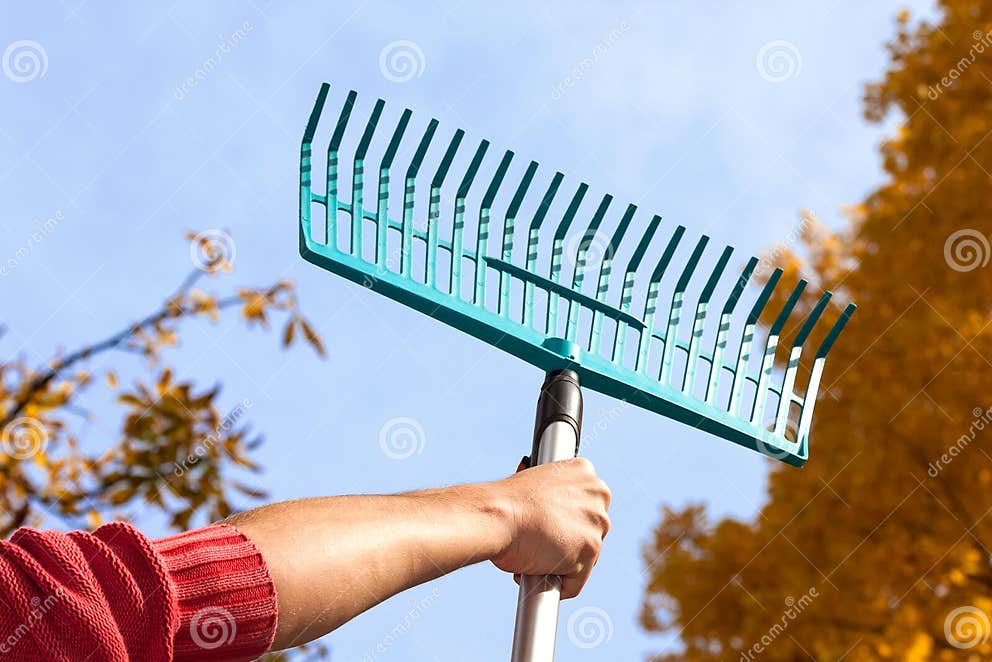 Man holding a rake stock photo. Image of metal, blue - 34996812