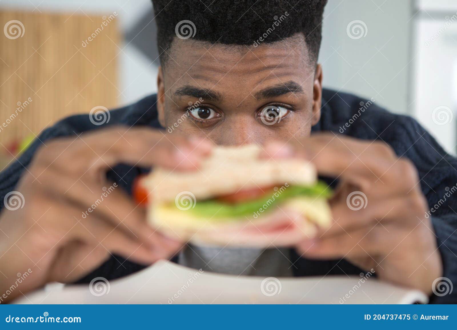 Man Holding Sandwich in Front Face Stock Image - Image of hair ...