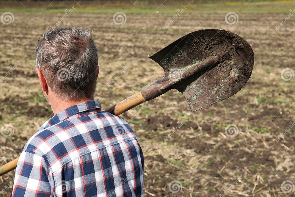 Man Holding Shovel in Field, Back View. Digging Process Stock Image ...