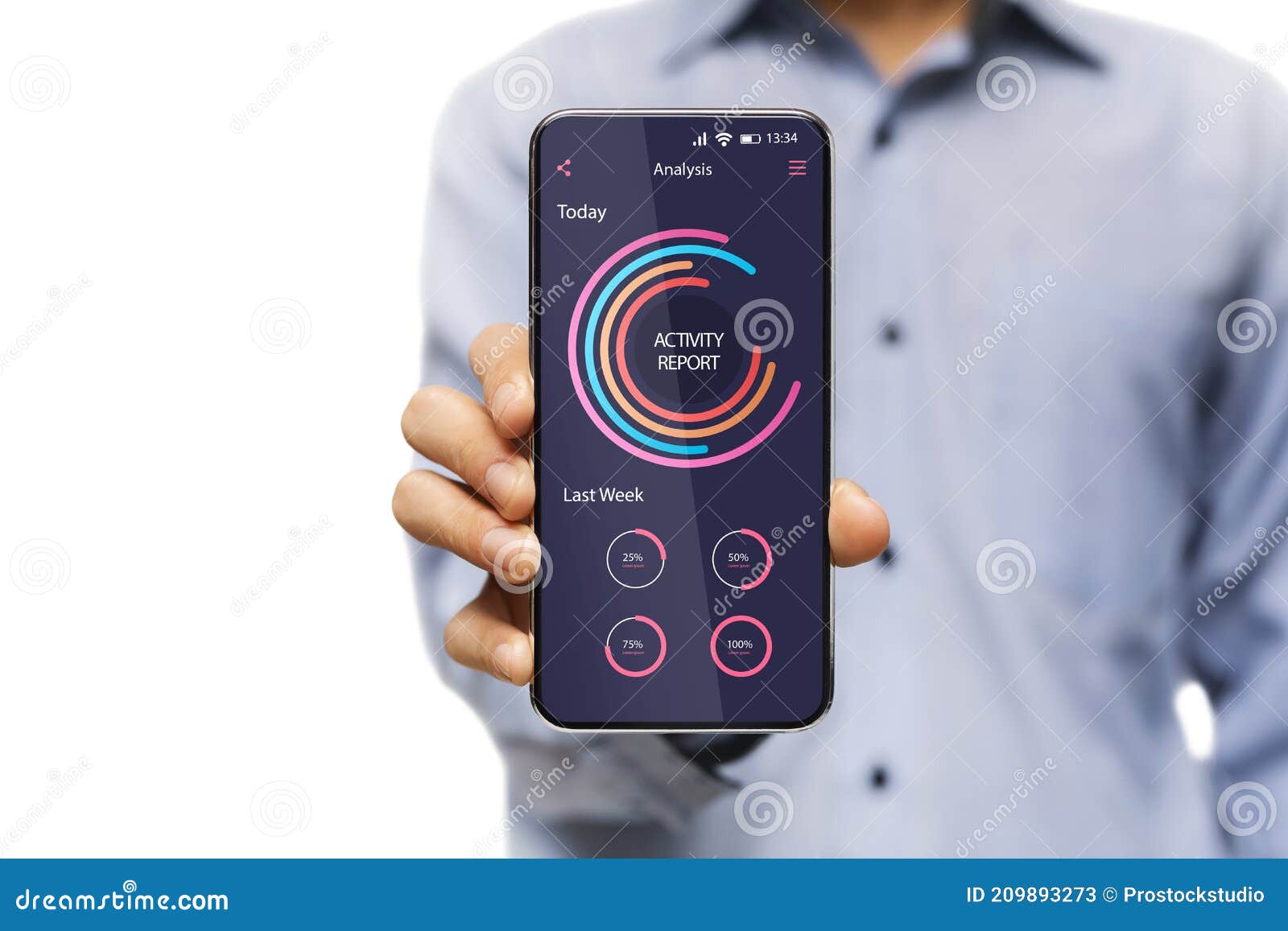 Man Holding Smartphone with Data Analysis App and Activity Report on ...