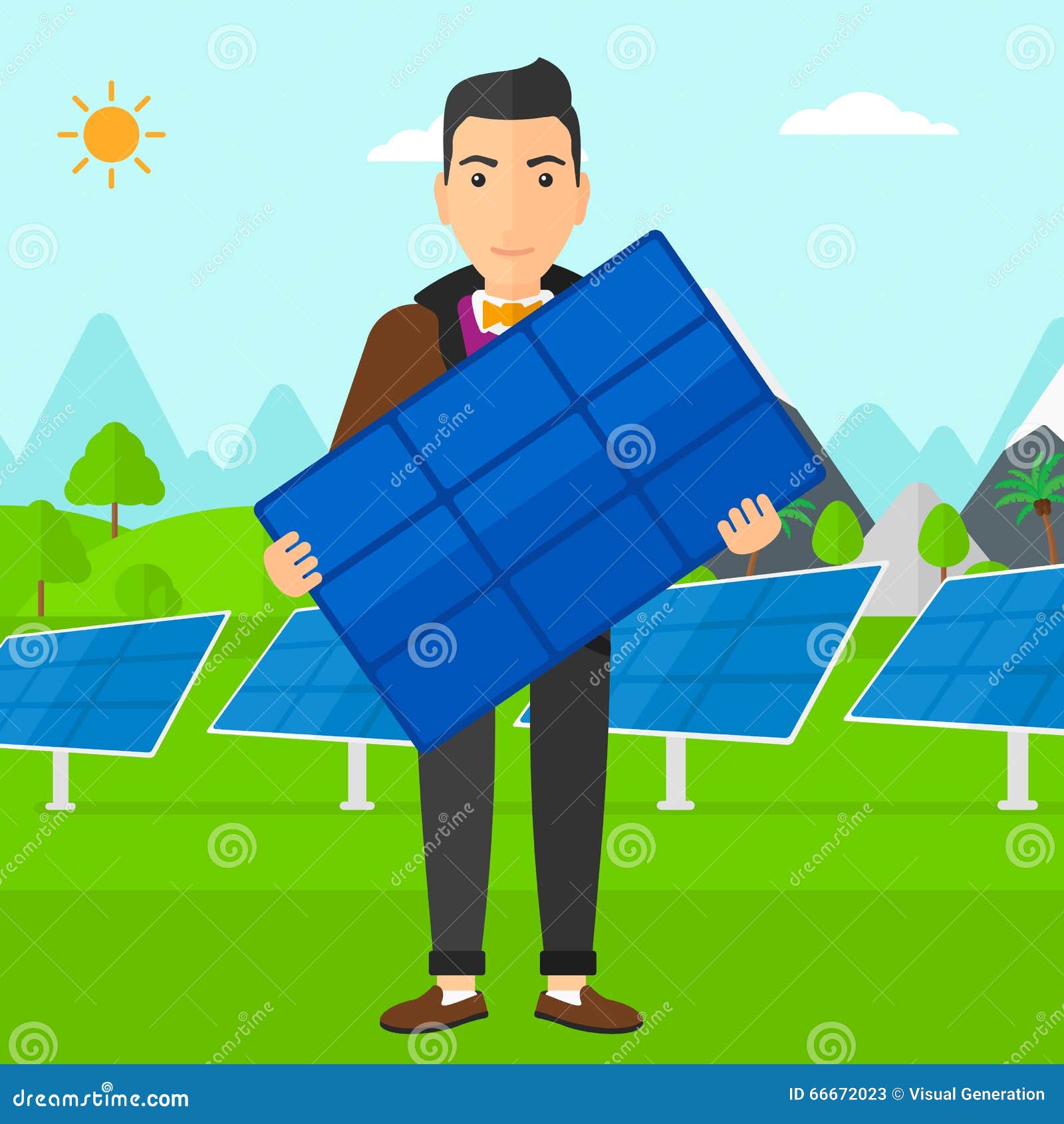 Man holding solar panel. stock vector. Illustration of electricity ...