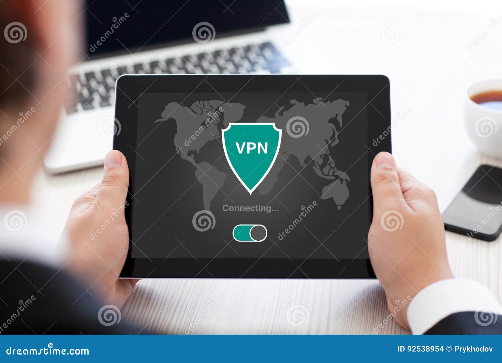 Man Holding Tablet App Vpn Creation Internet Protocols Protection ...