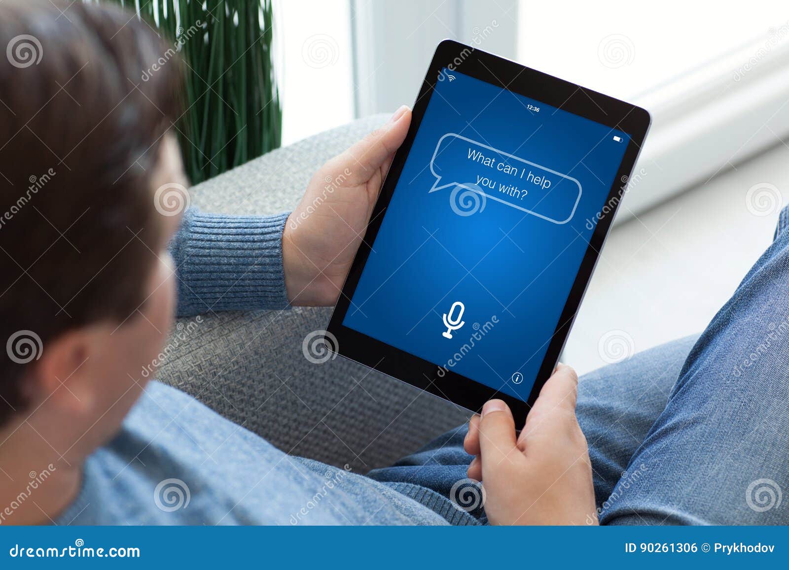 Man Holding Tablet Computer with App Personal Assistant on Scree Stock ...